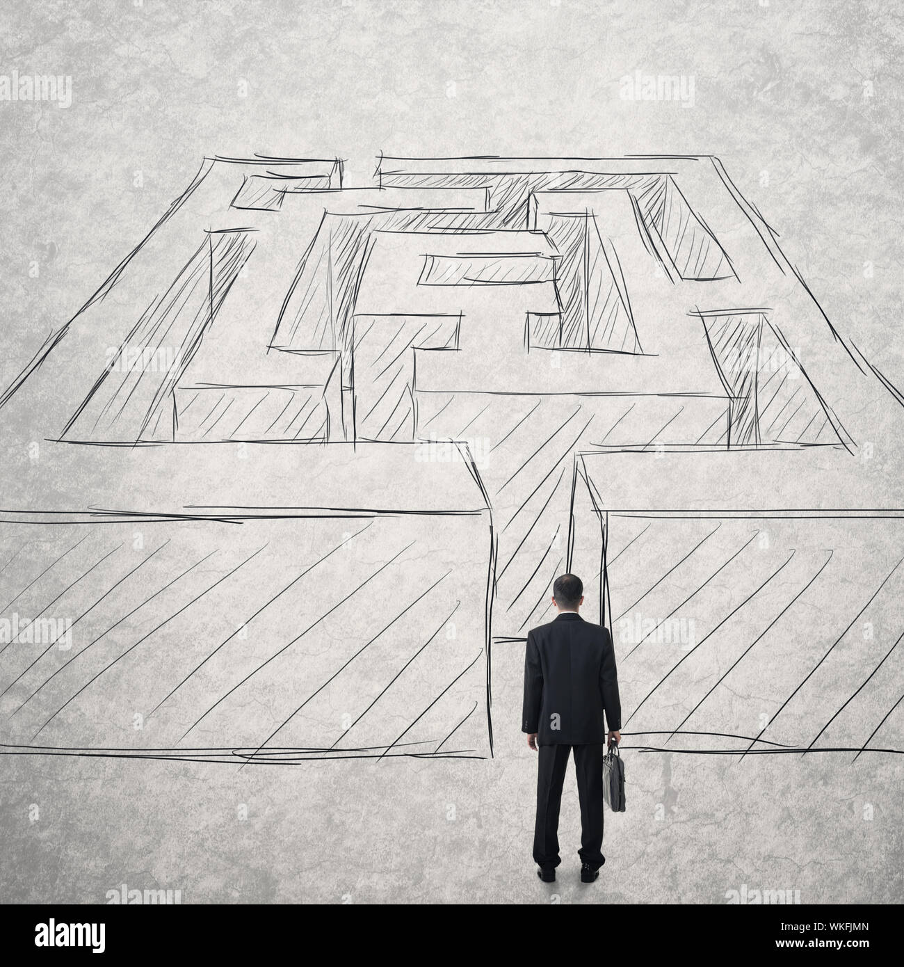 Businessman walk into a difficult maze. Photo compilation with hand ...