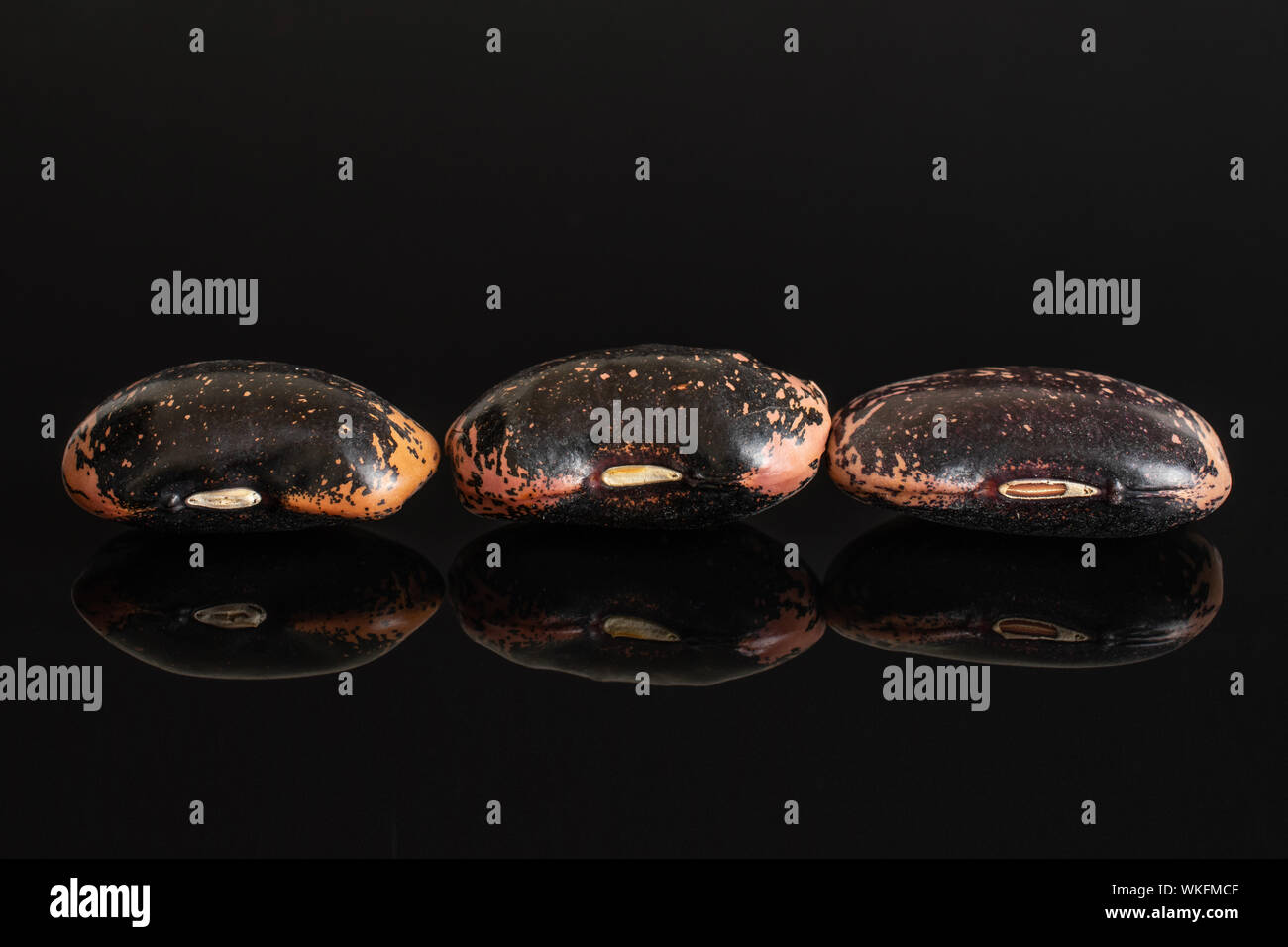 Group of three whole stained purple bean in row isolated on black glass ...