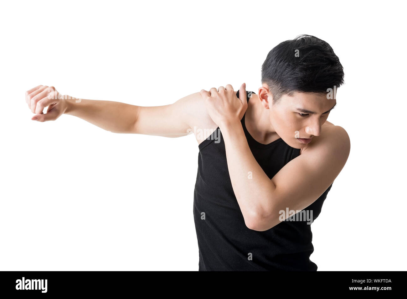 Asian young man having shoulder pain, closeup portrait on white Stock ...