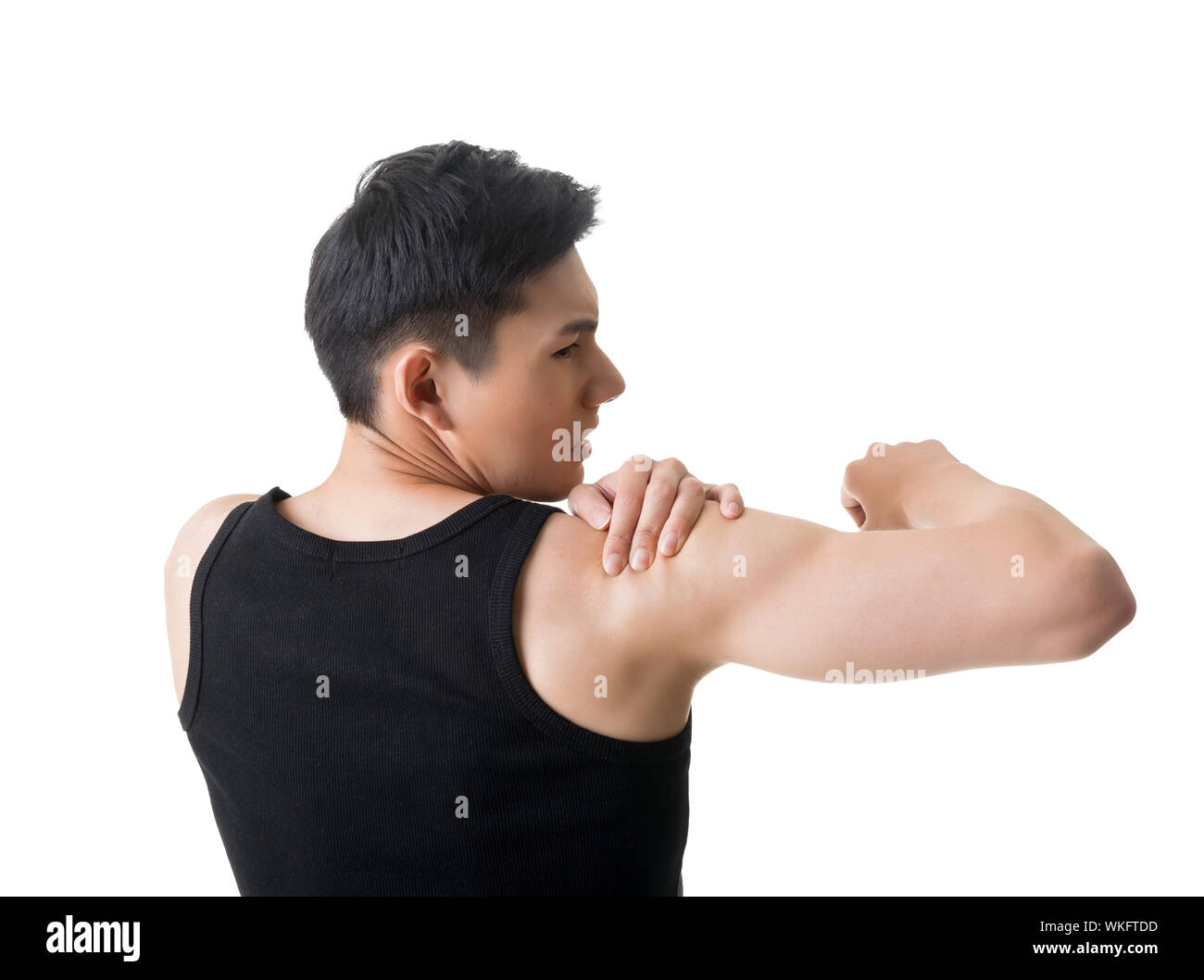 Asian young man having shoulder pain, closeup portrait on white Stock ...