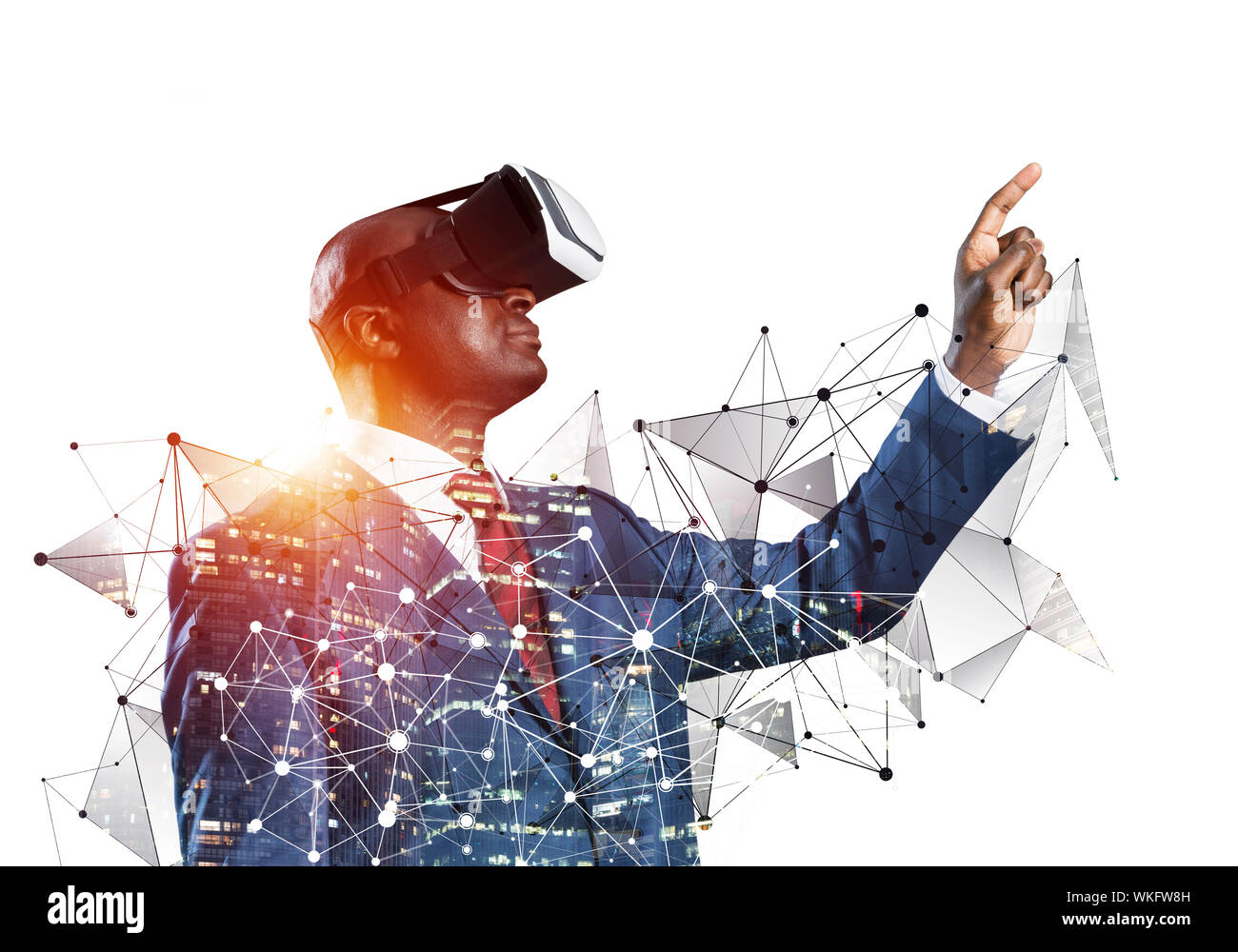 Black man standing with VR headset. African businessman wearing VR ...