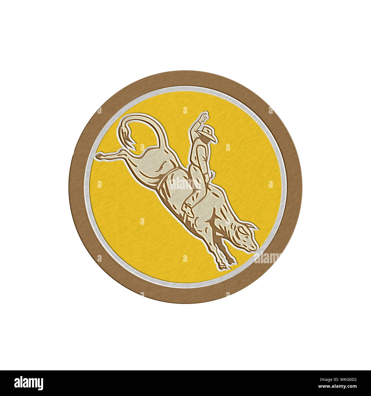 Metallic styled illustration of rodeo cowboy riding bucking bull set ...