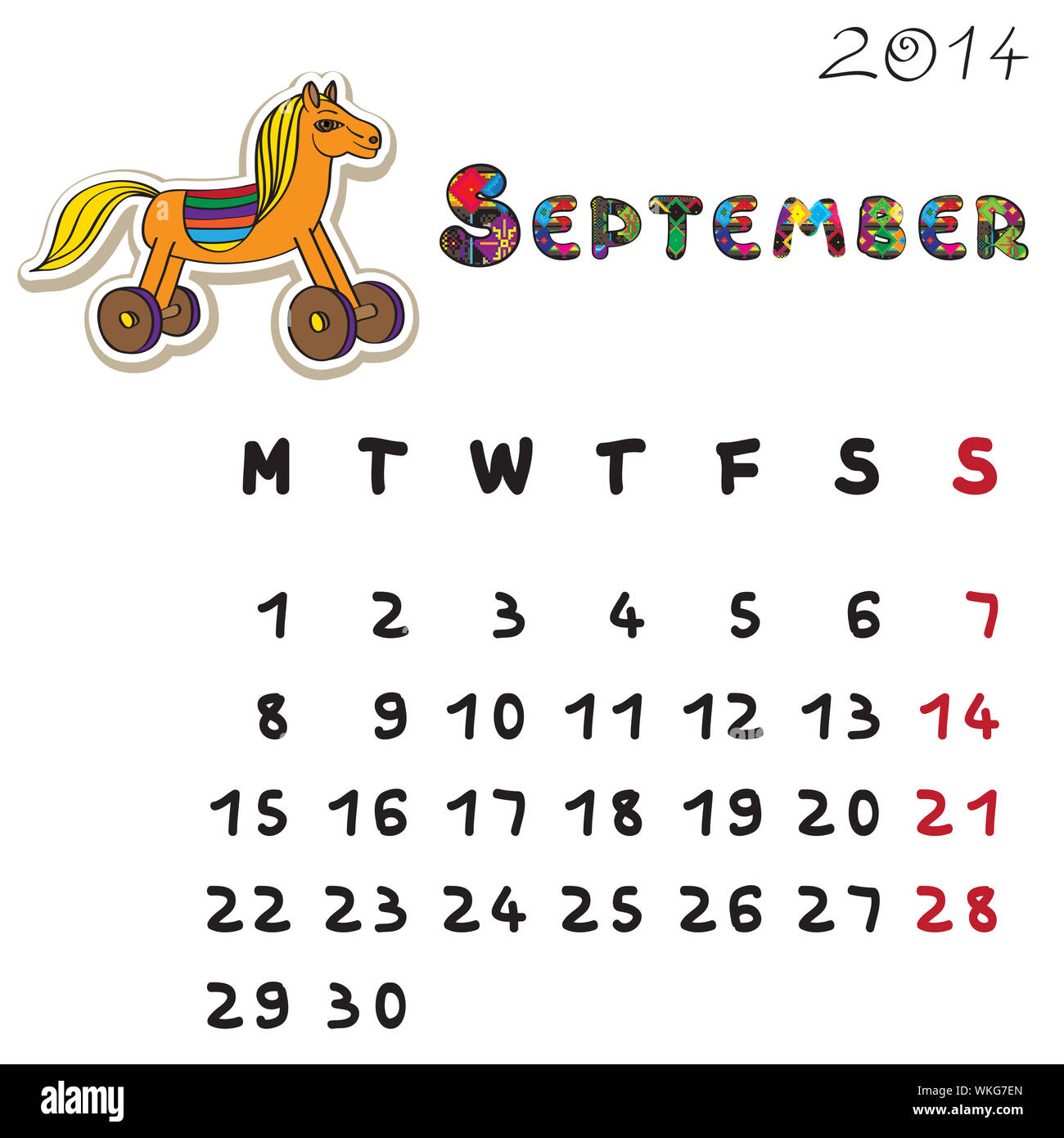 Calendar 2014 year of the horse, graphic illustration of September ...
