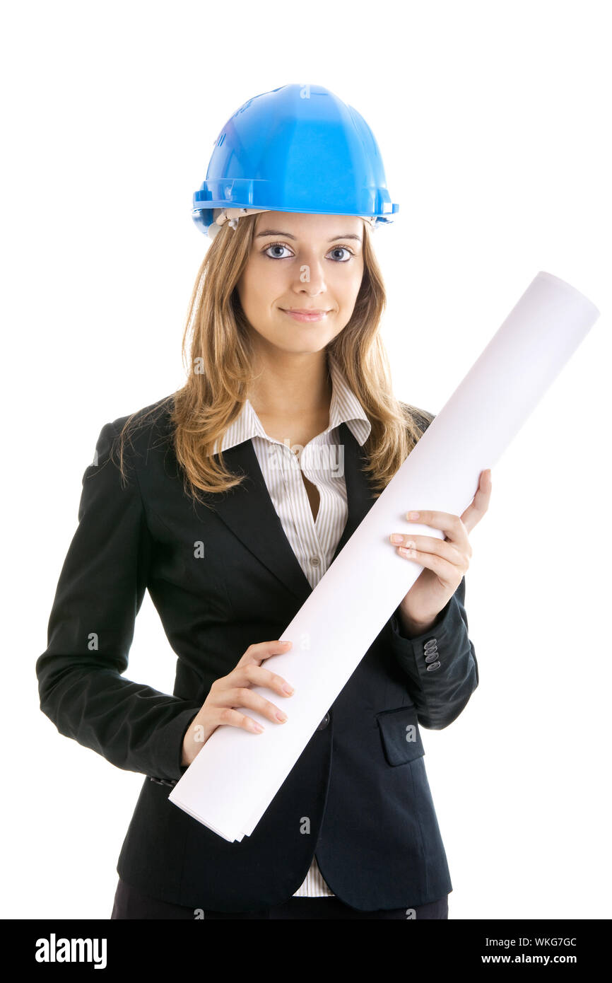 Beautiful and young female architect using a blue helmet Stock Photo ...