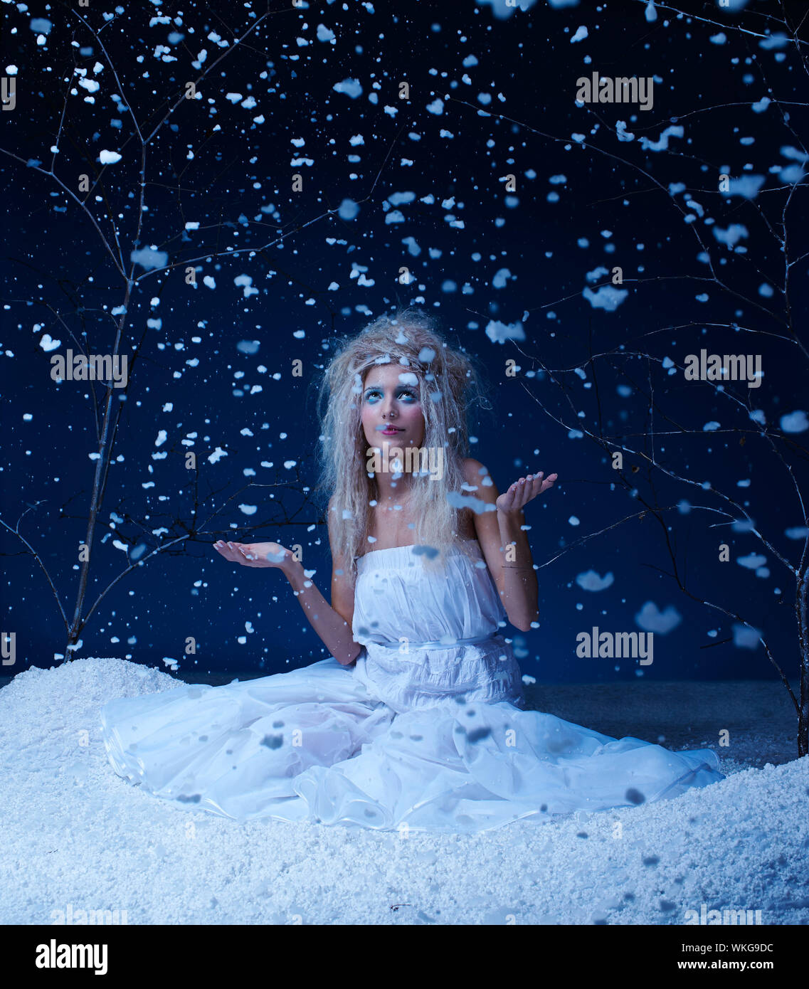 portrait of beautiful frozen fairy nymph girl sitting in snowfall Stock ...