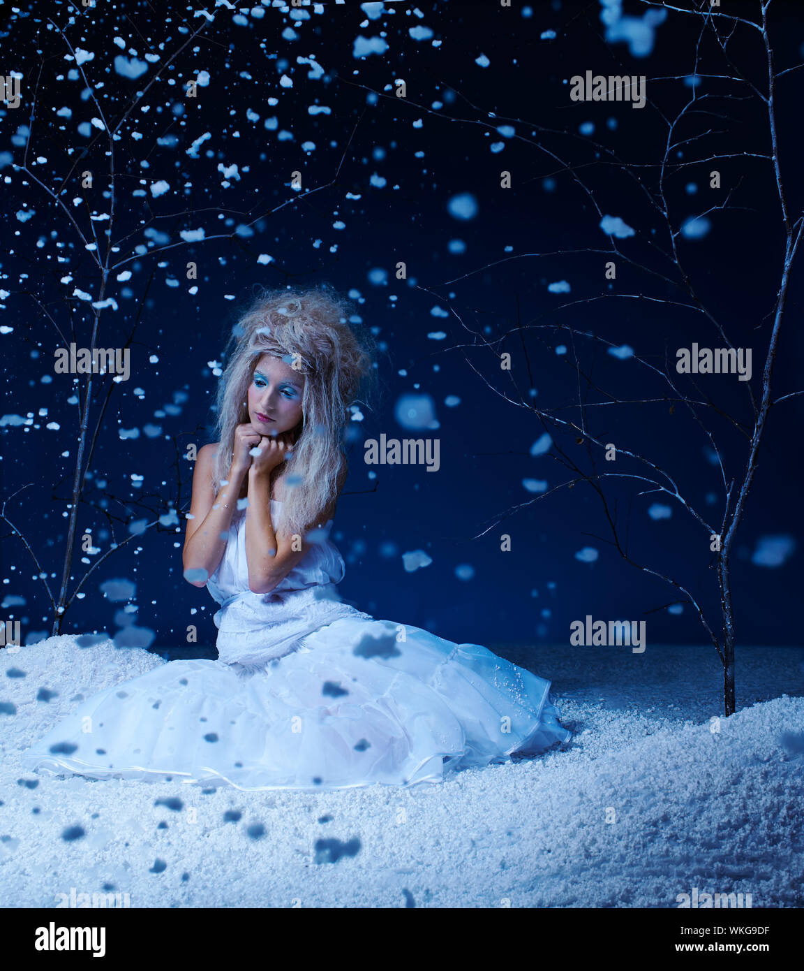 portrait of beautiful frozen fairy nymph girl sitting in snowfall Stock ...