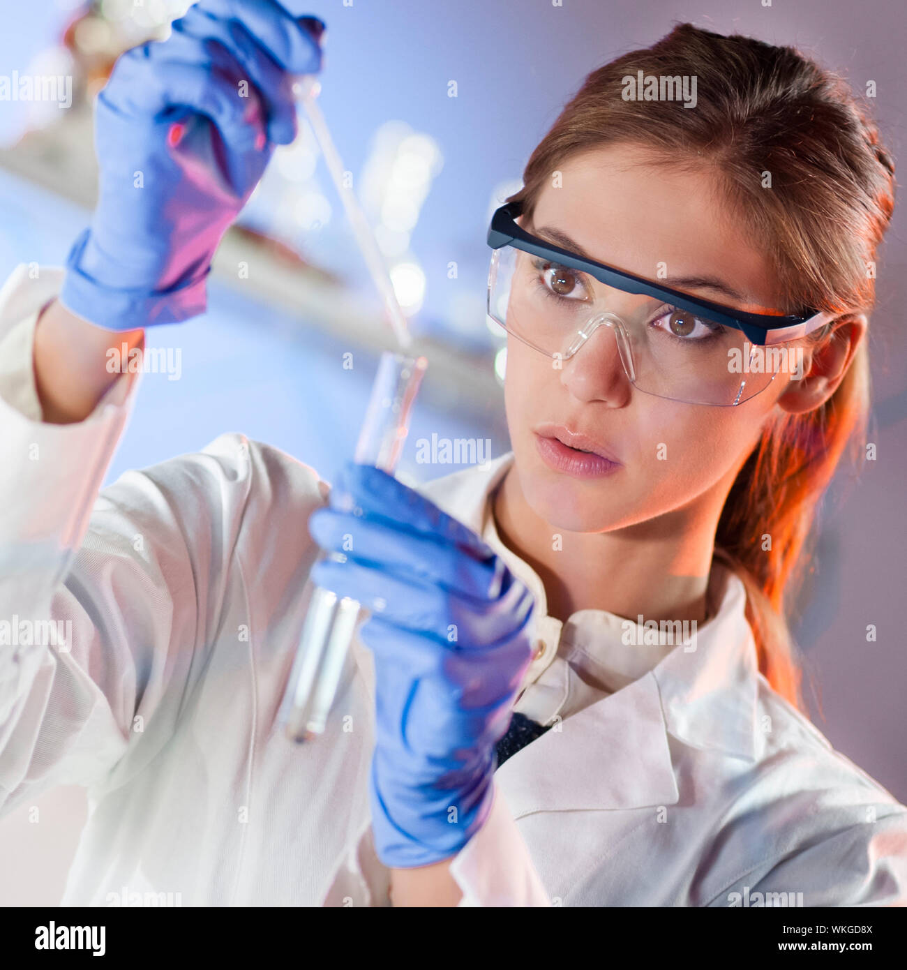 Focused young life science professional pipetting solution into the ...