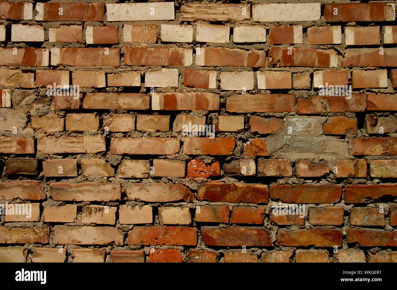 Background of Old Damaged Red Variegated Brick with Concrete Smoothing ...