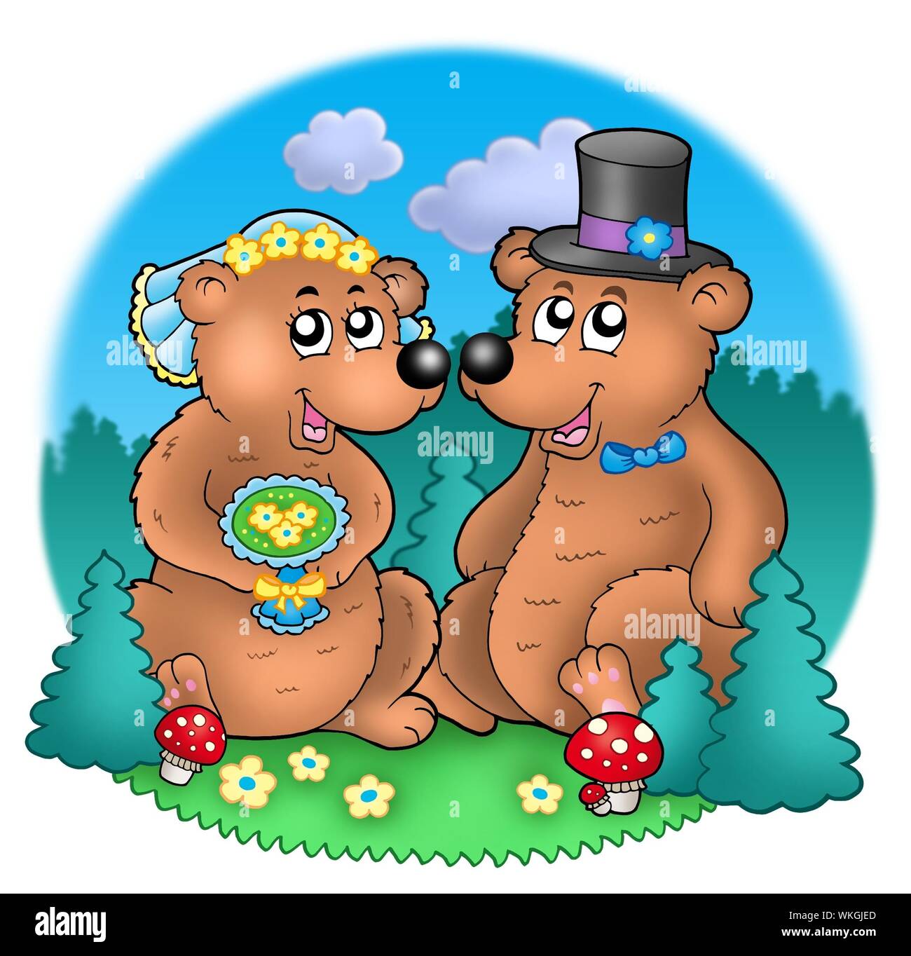 Wedding image with bears on meadow - color illustration Stock Photo - Alamy