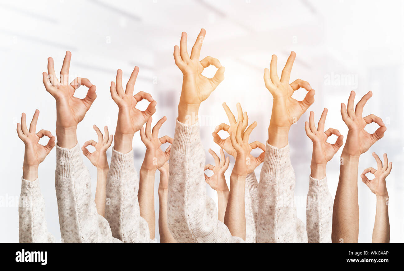 Row of man hands showing okay gesture. Agreement and approval group of ...