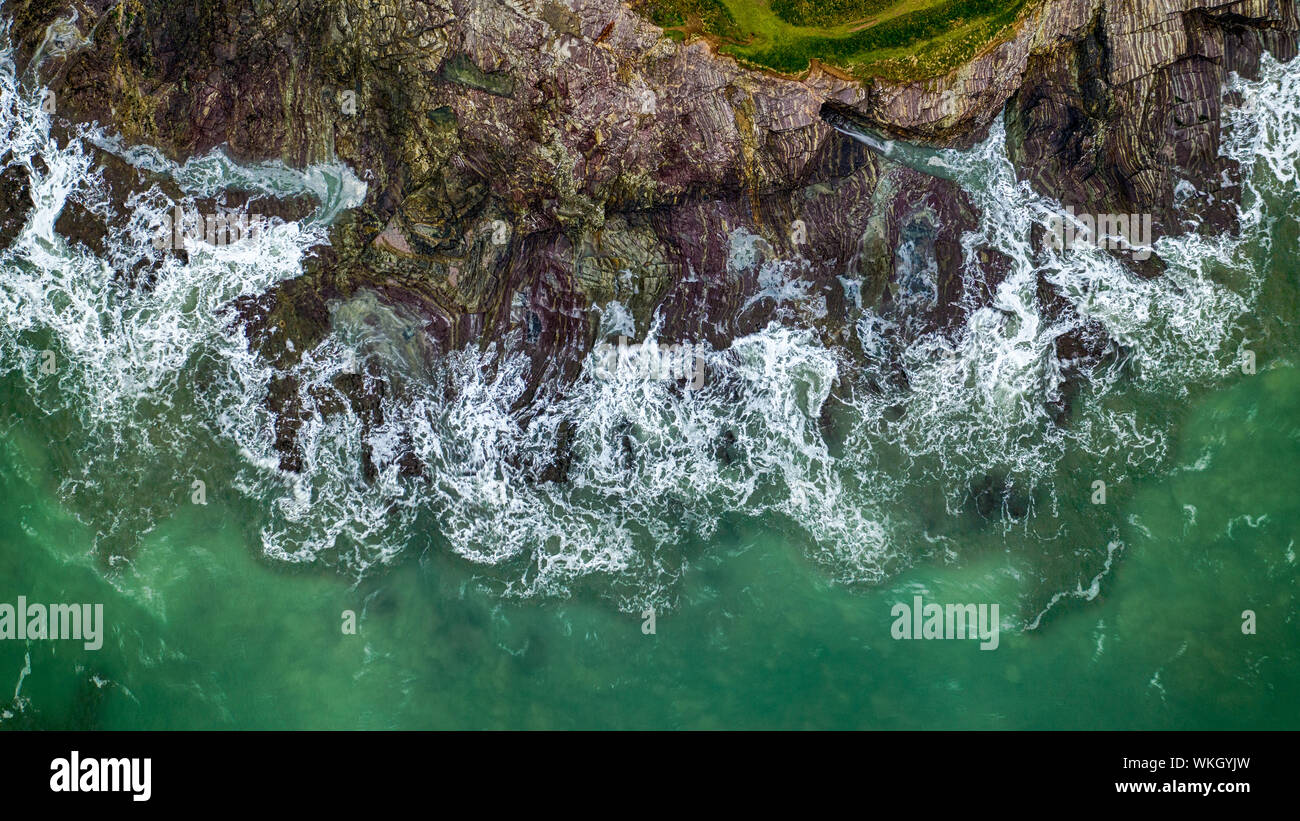 An aerial view of waves crashing up the Cornish coast Stock Photo - Alamy