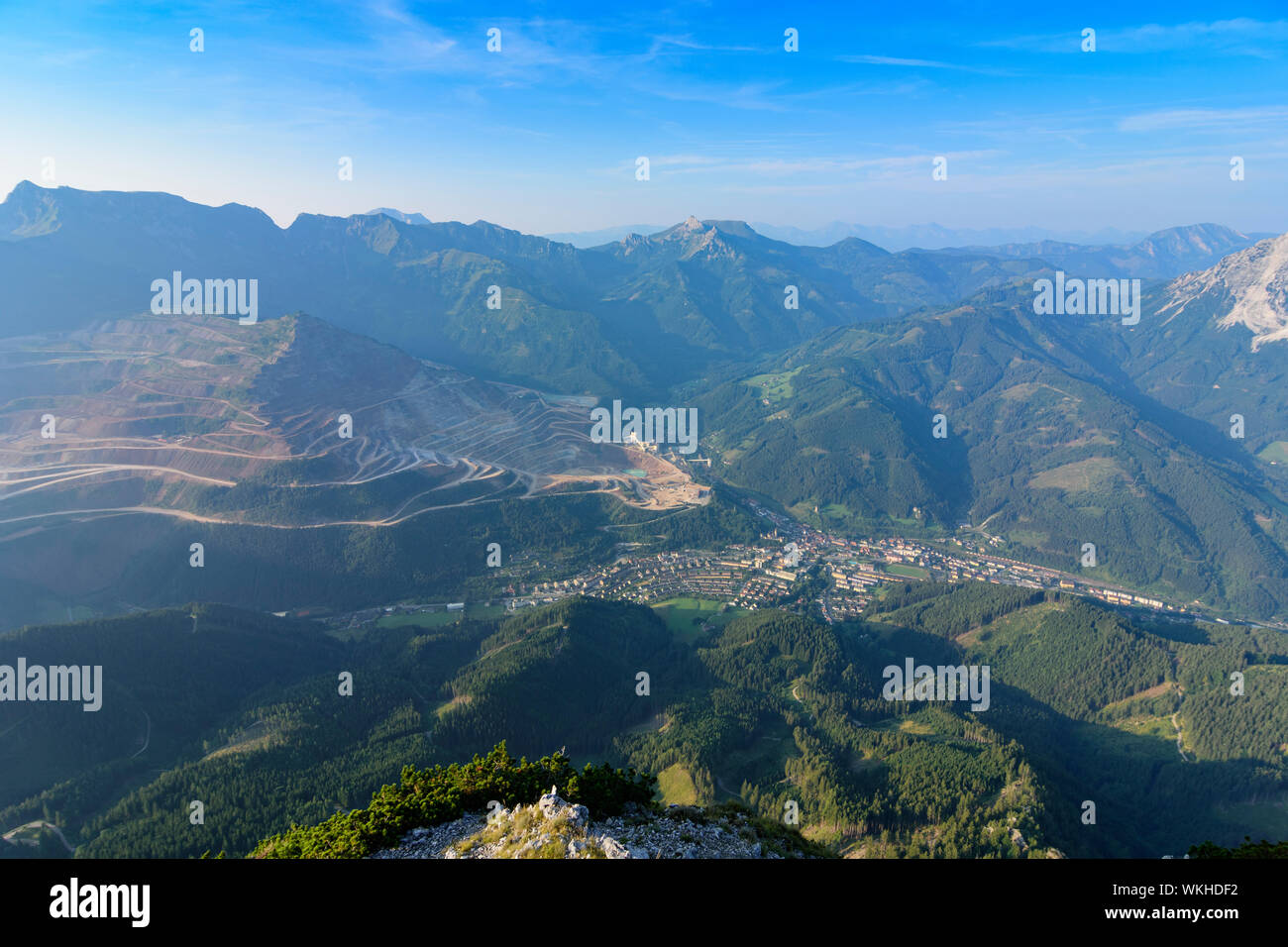 Eisenerz: mountain Erzberg of iron ore mine, town Eisenerz in ...