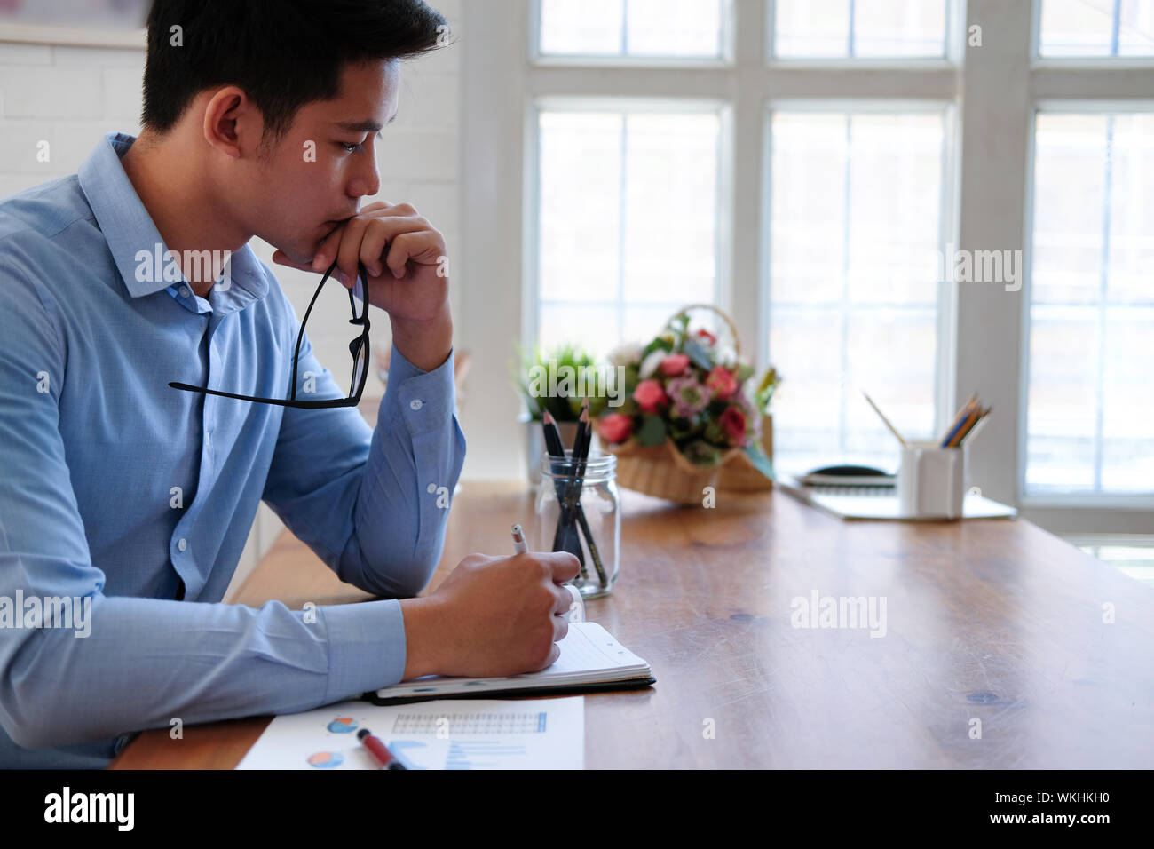 man working with document. businessman writing organizing plan at ...