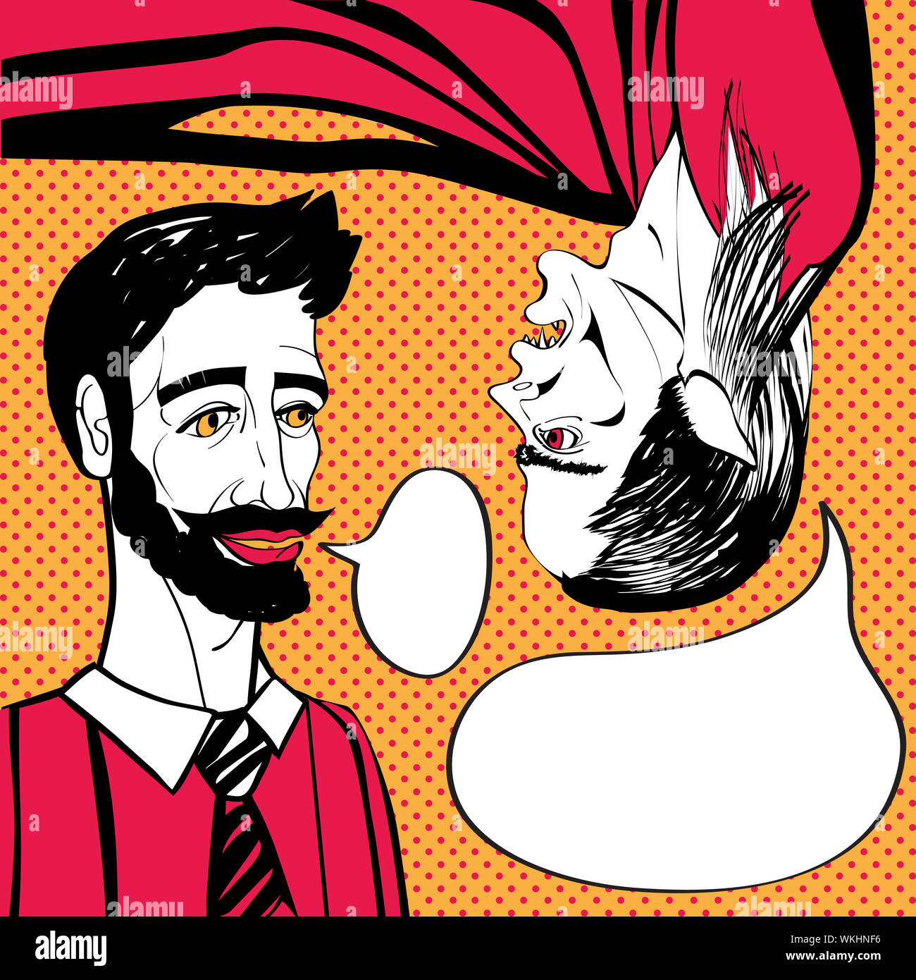 Hand drawn illustration of a man and an upside down vampire talking ...