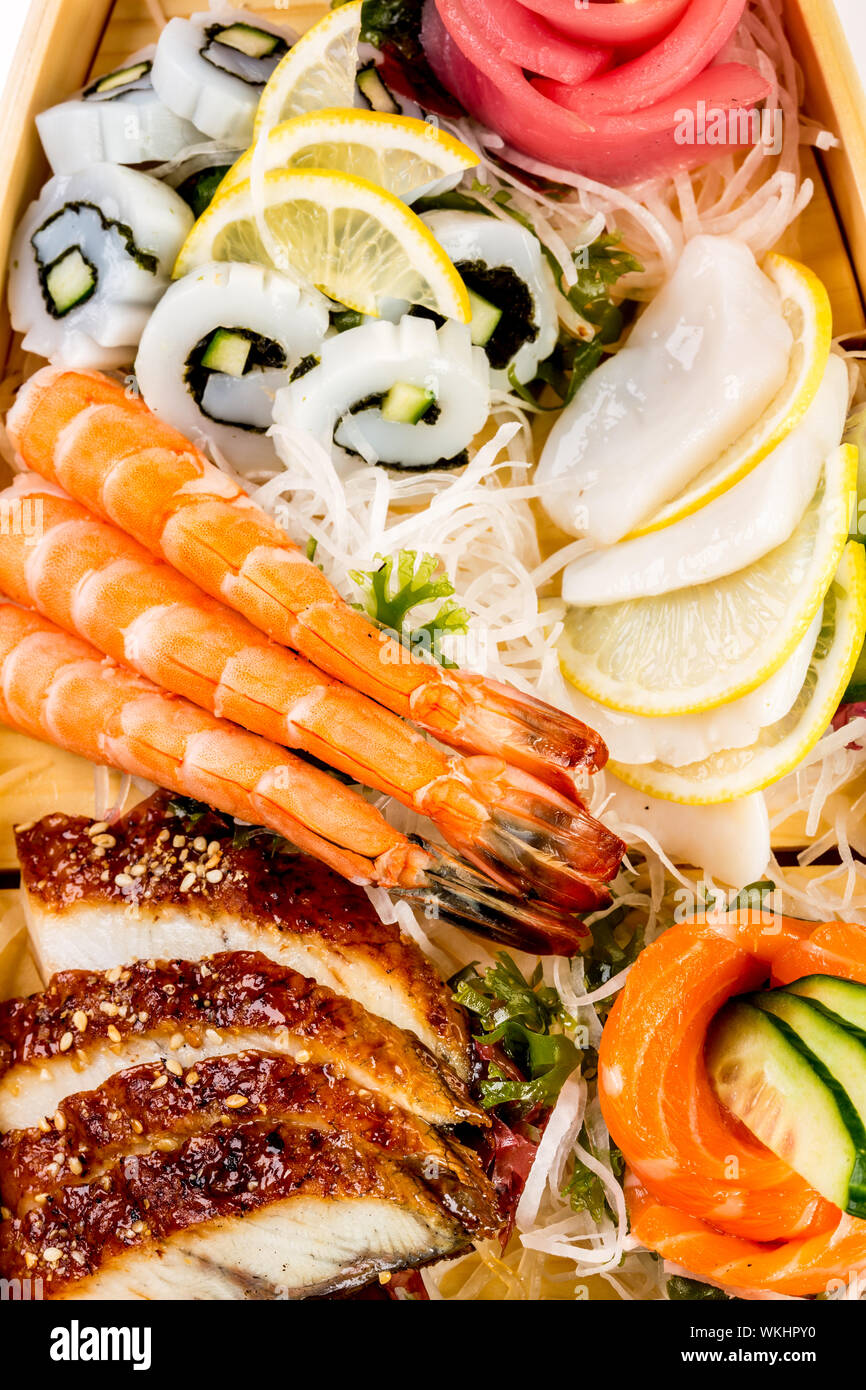 Sea food combination close-up background Stock Photo - Alamy
