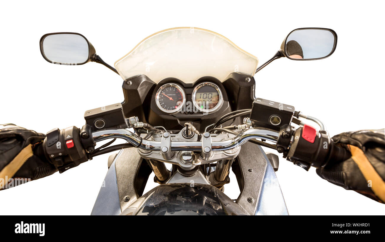 Biker driving a motorcycle isolated on white background. First-person ...