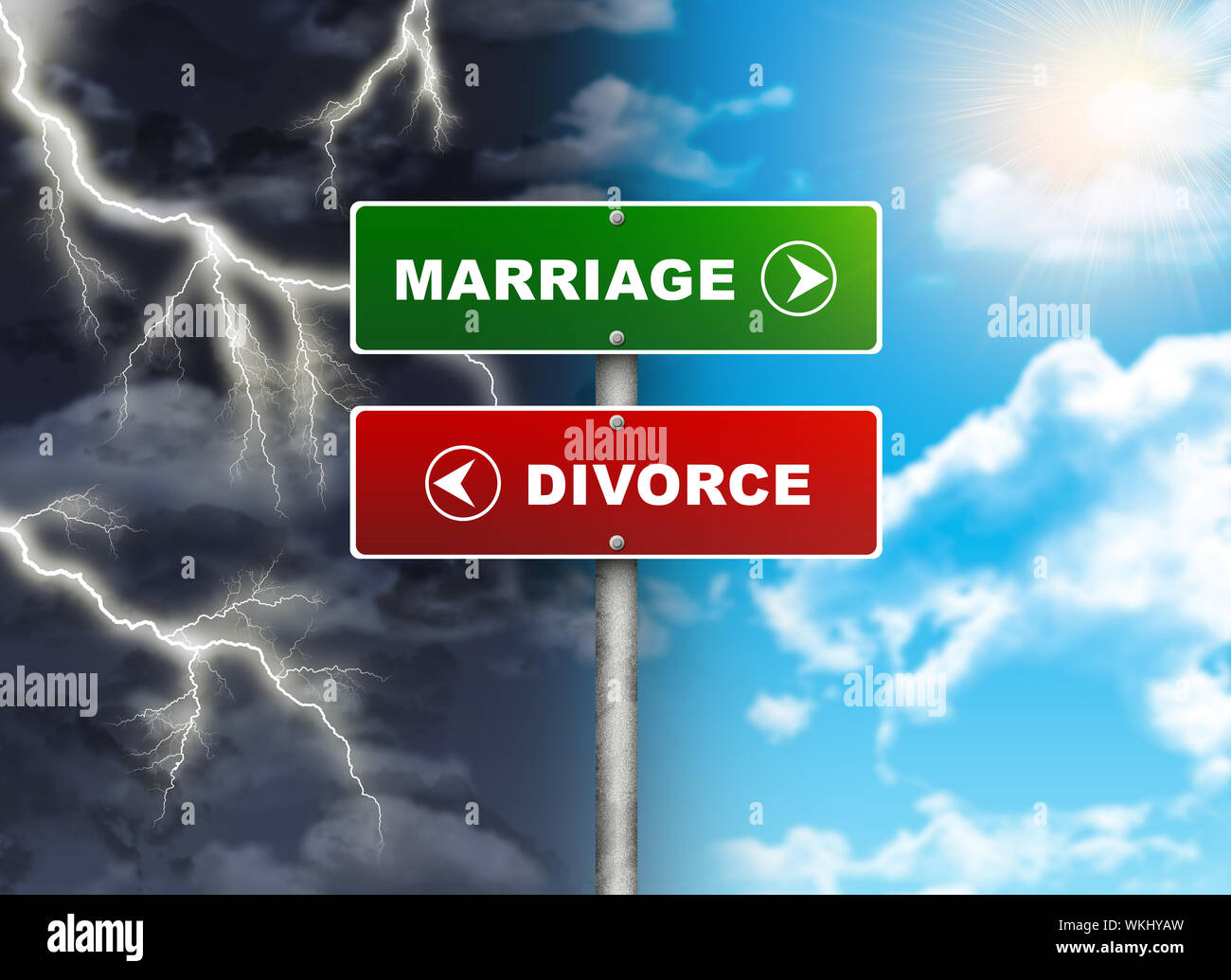 Crossroads road sign. Right color sky - MARRIAGE, DIVORCE left thunder ...