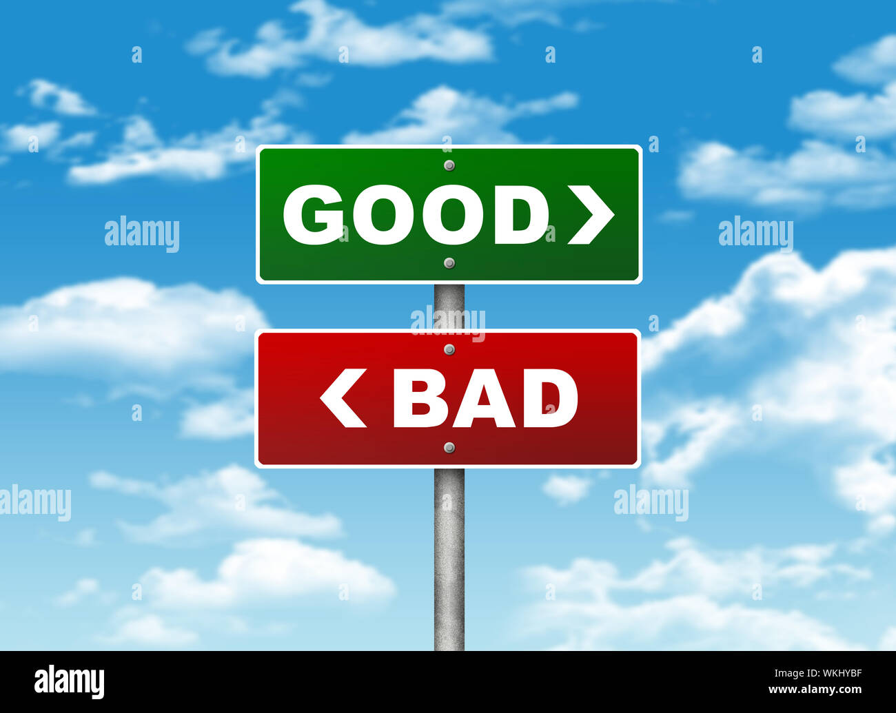Crossroads road sign. Pointer to the right GOOD, but BAD left. Choice ...