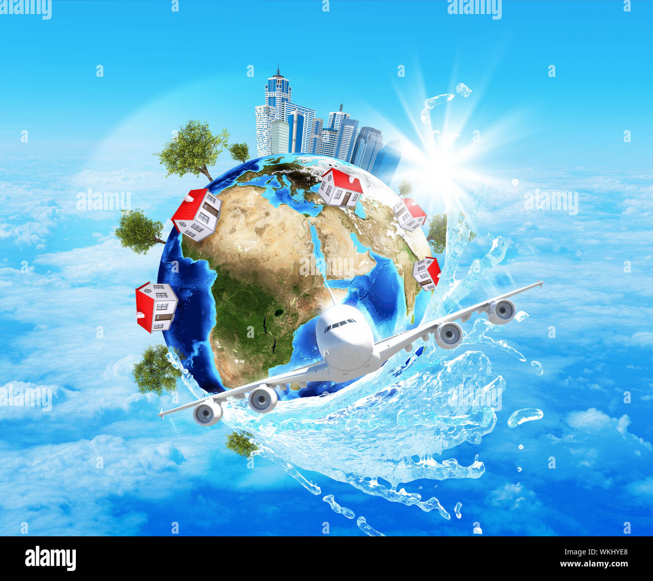 Earth with buildings and airplane. Elements of this image are furnished ...