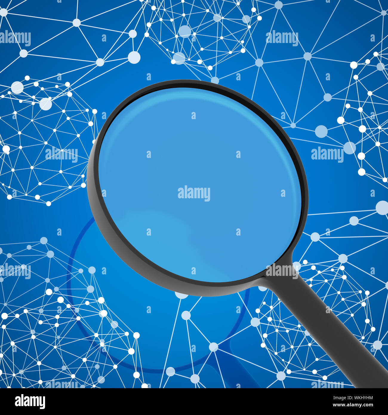 Magnifying glass examines network in background. Business concept Stock ...