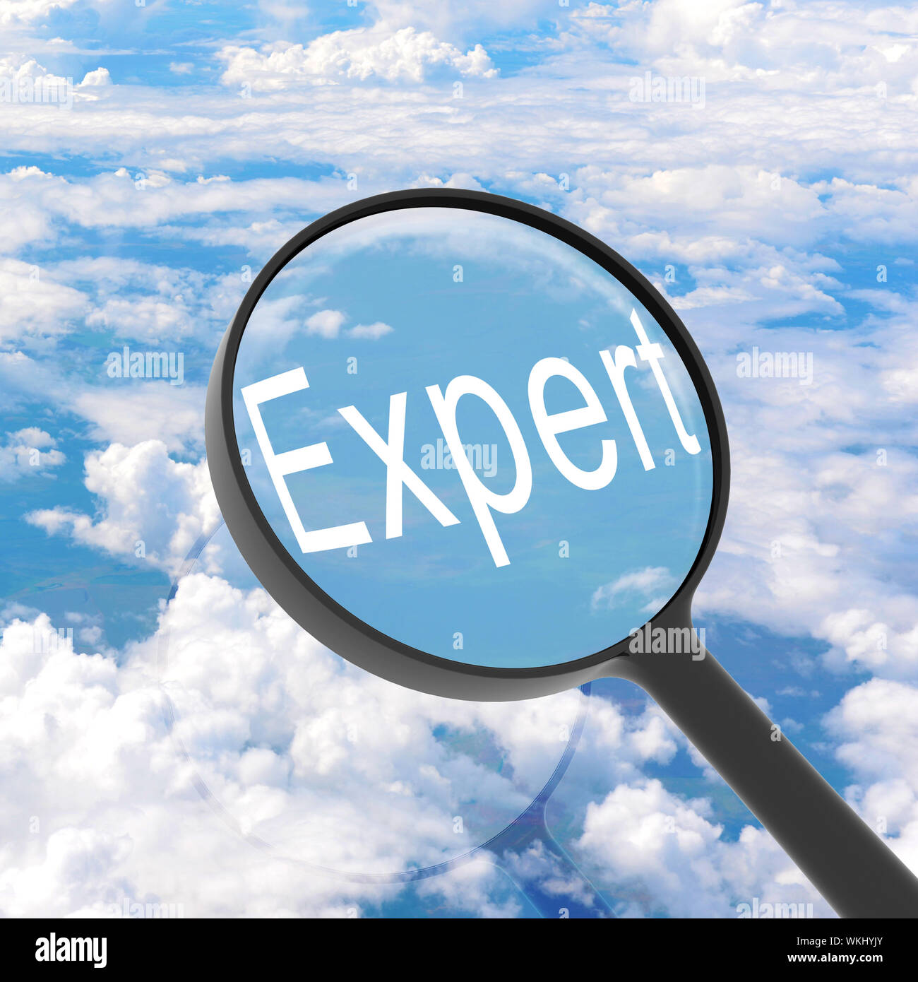 Magnifying glass looking Expert. Clouds on background. Business concept ...