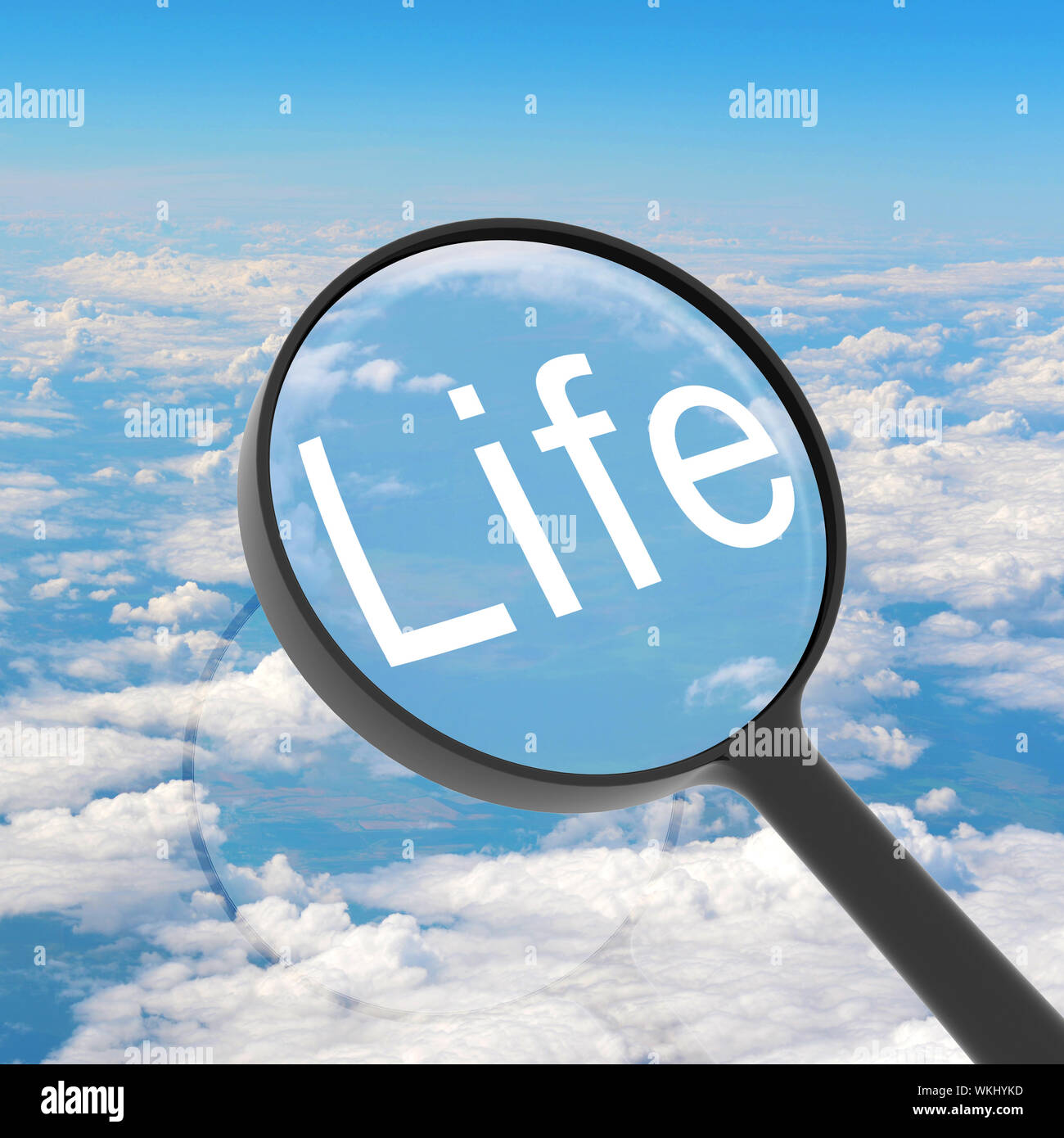 Magnifying glass looking Life. Clouds on background. Business concept ...