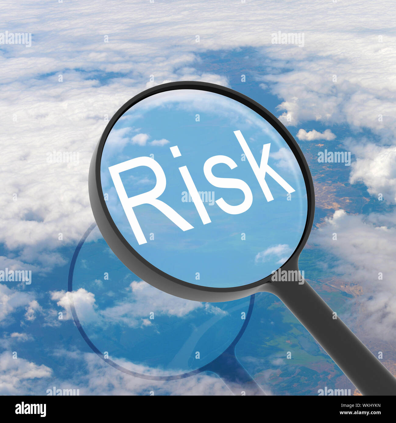 Magnifying glass looking Risk. Clouds on background. Business concept ...