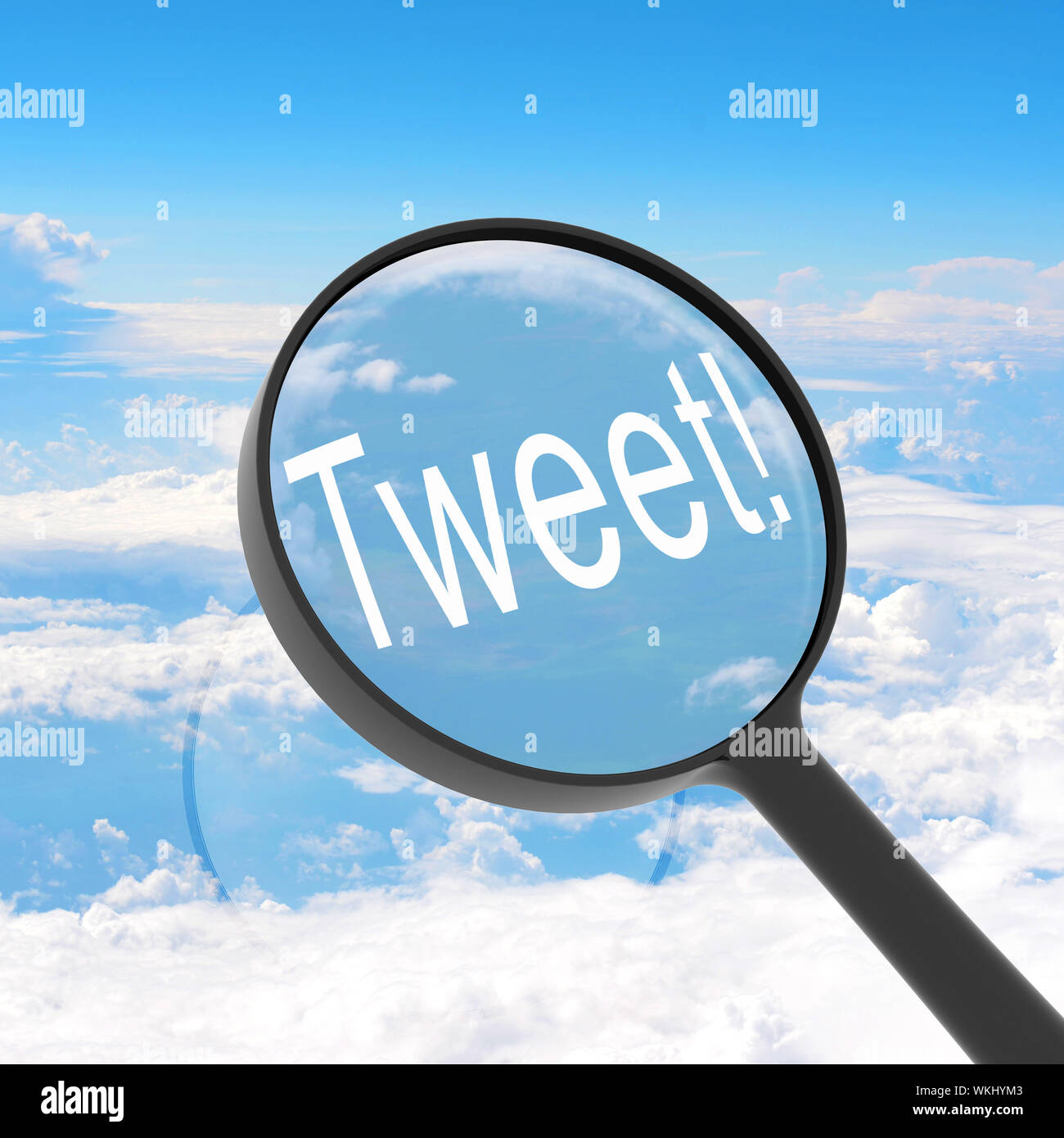 Magnifying glass looking Tweet. Clouds on background. Business concept ...