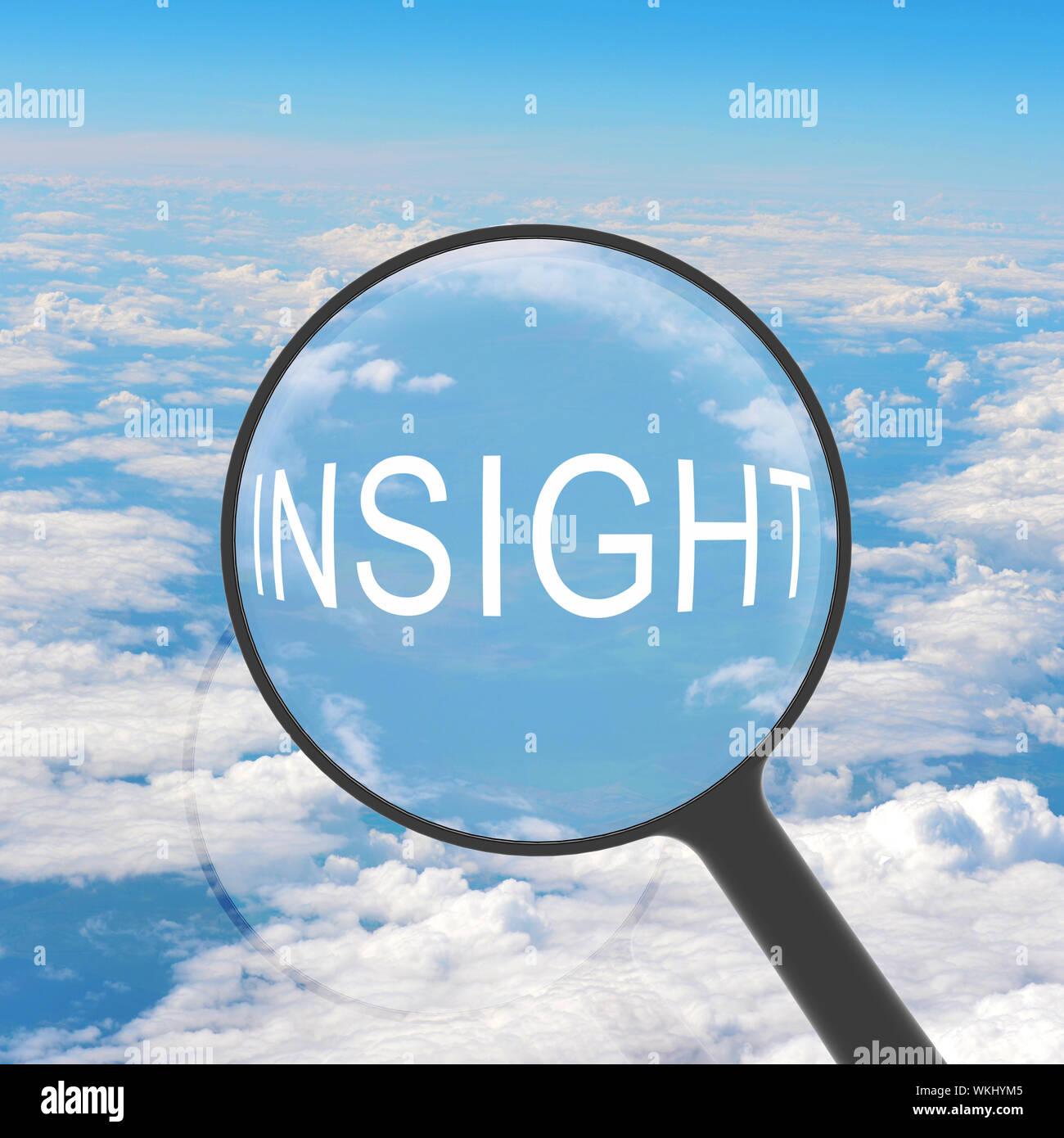 Magnifying glass looking INSIGHT. Clouds on background. Business ...