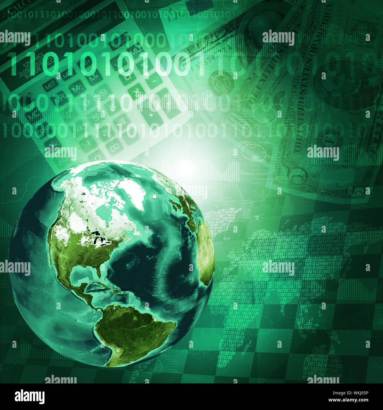 Earth, digits and keyboard on money background. Business concept ...