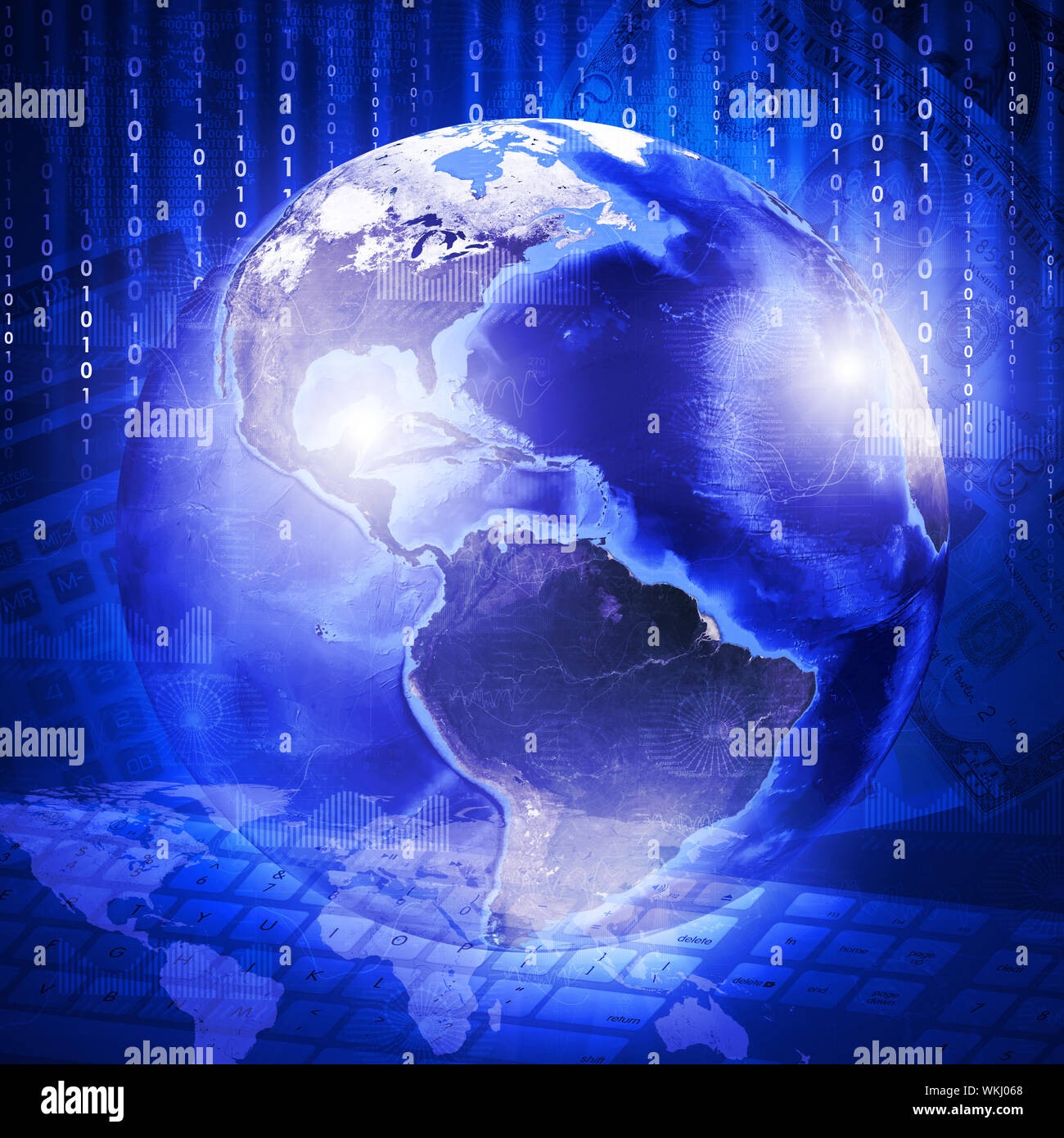 Earth, digits and keyboard on money background. Business concept ...