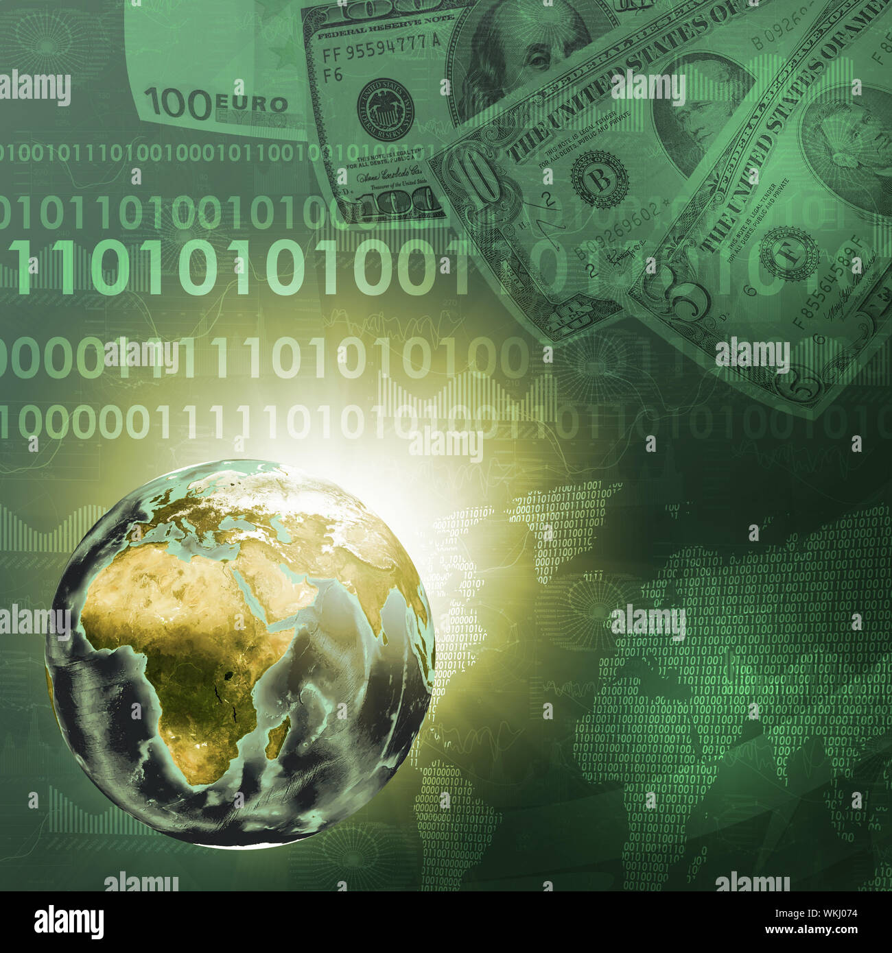 Earth, world map consisting digits on money background. Business ...