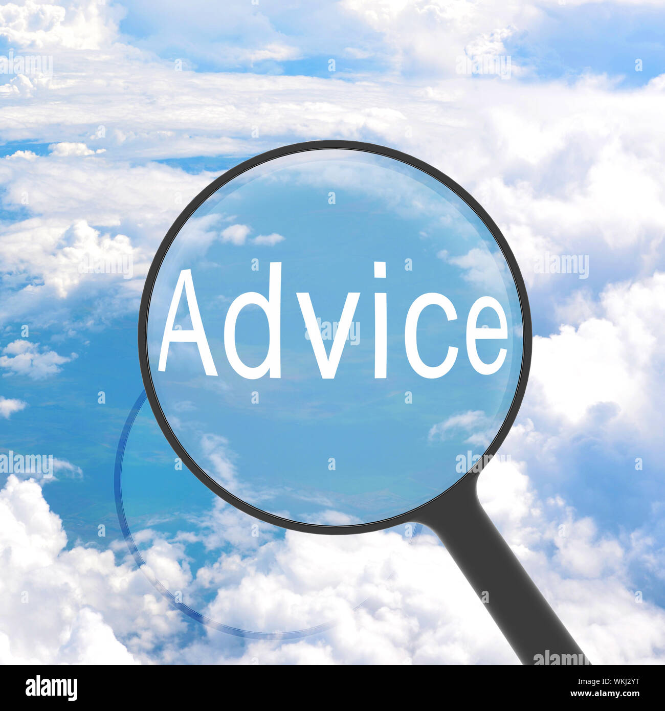 Magnifying glass looking Advice. Clouds on background. Business concept ...