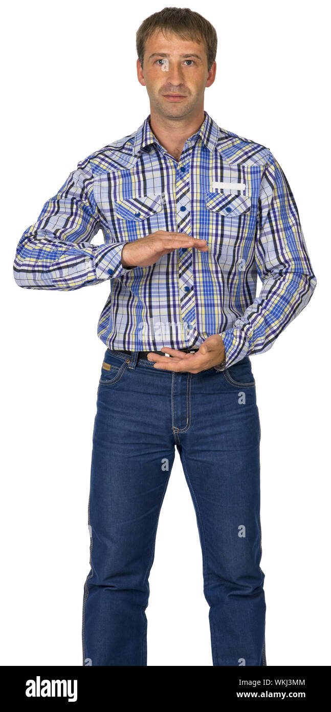 Portrait man holding hands in front of him. white background Stock ...