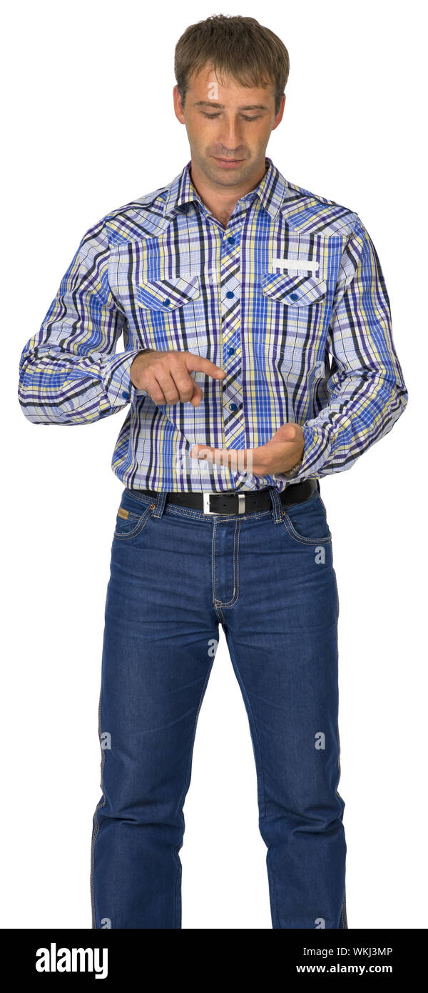 Portrait man holding hands in front of him. white background Stock ...