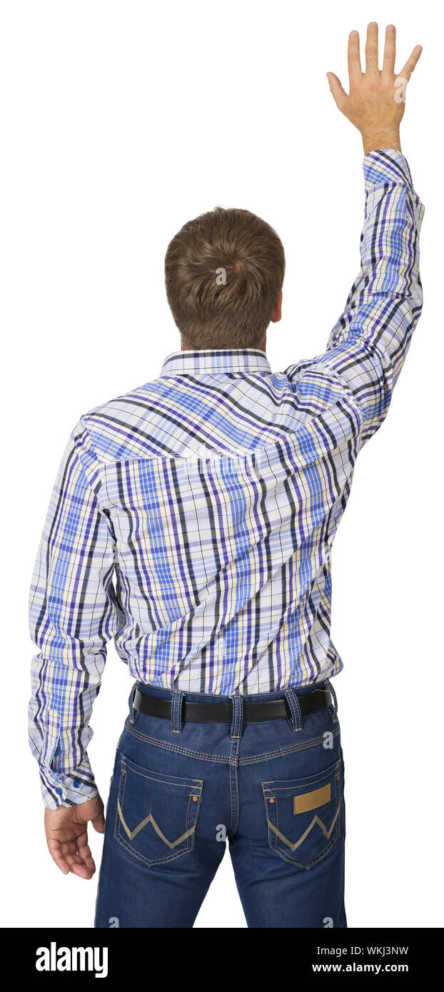 Portrait of a young man raised his hand up. Back view. White background ...