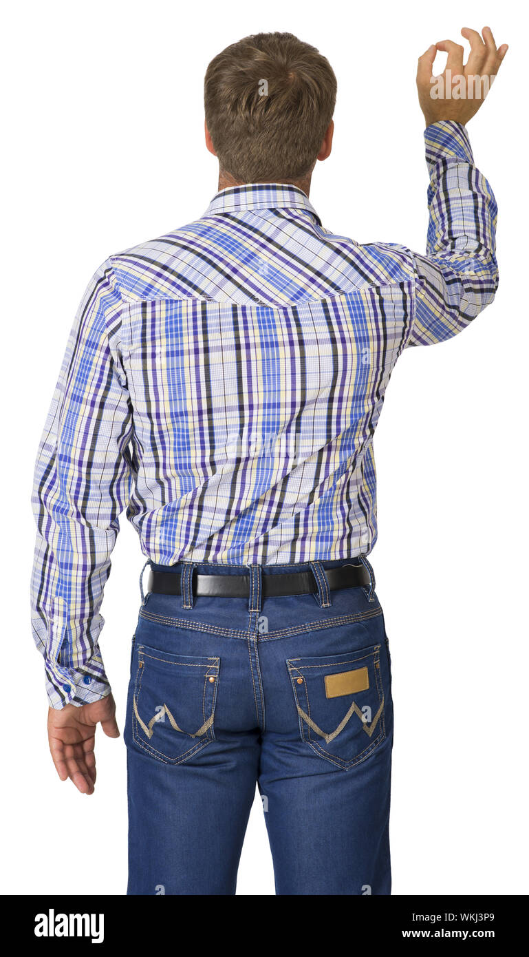 Portrait of young man writing on the wall. Back view. White background ...