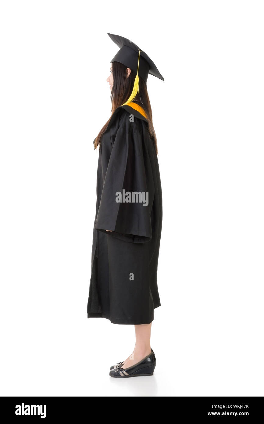 Asian graduation woman of side view. Full length. Isolated on white ...