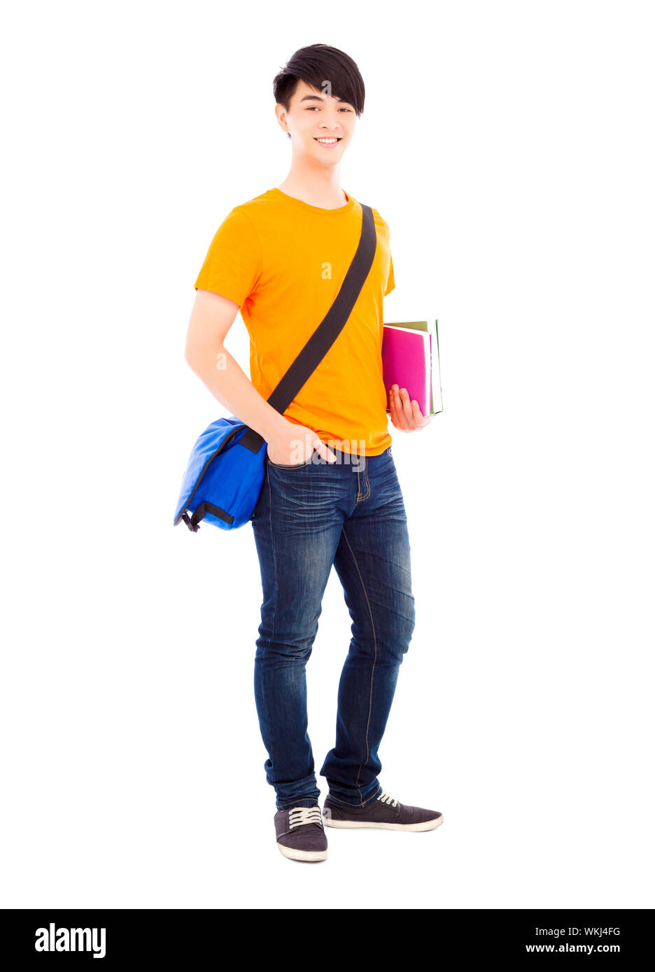 confident student holding books and slanting knapsack Stock Photo - Alamy