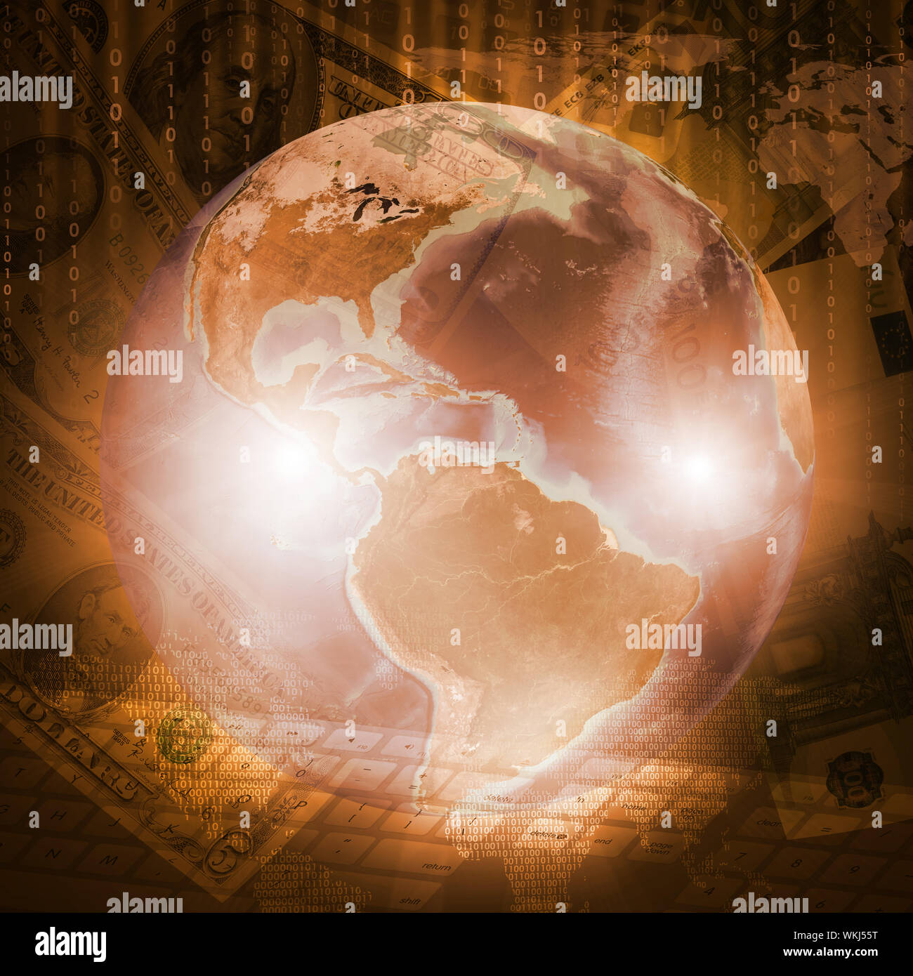 Earth, world map and keyboard on money background. Business concept ...