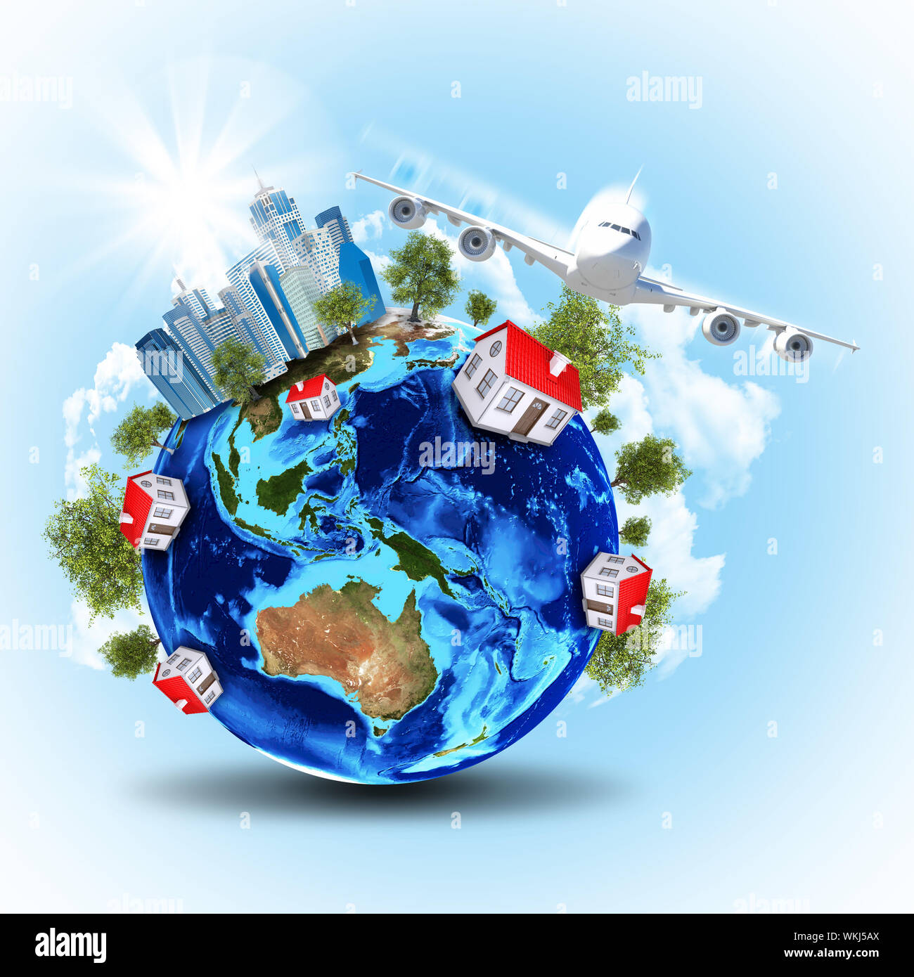 Earth with buildings and airplane. Elements of this image are furnished ...
