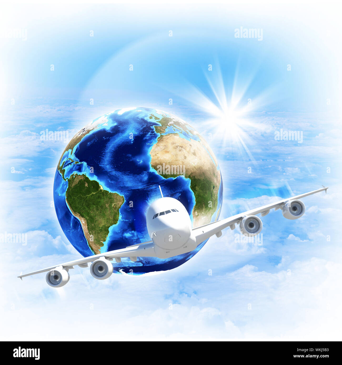 Earth with airplane against clouds and sun. Elements of this image are ...
