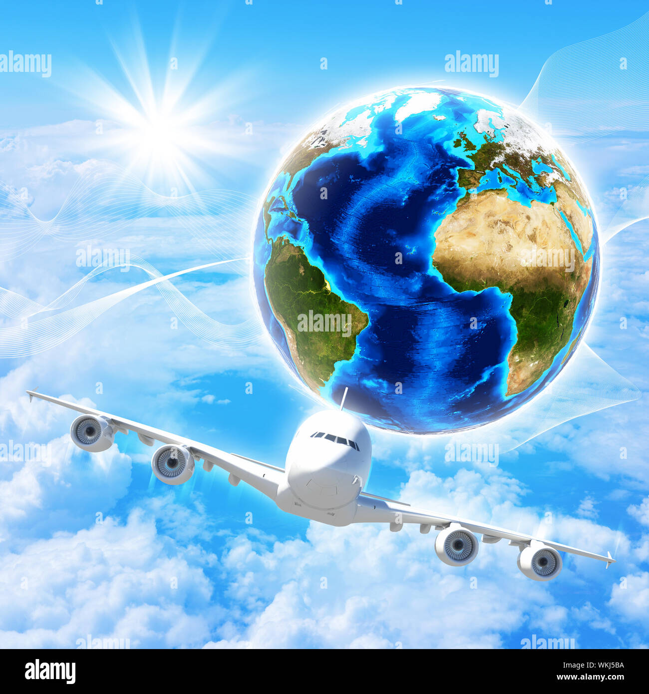 Earth with airplane against clouds and sun. Elements of this image are ...