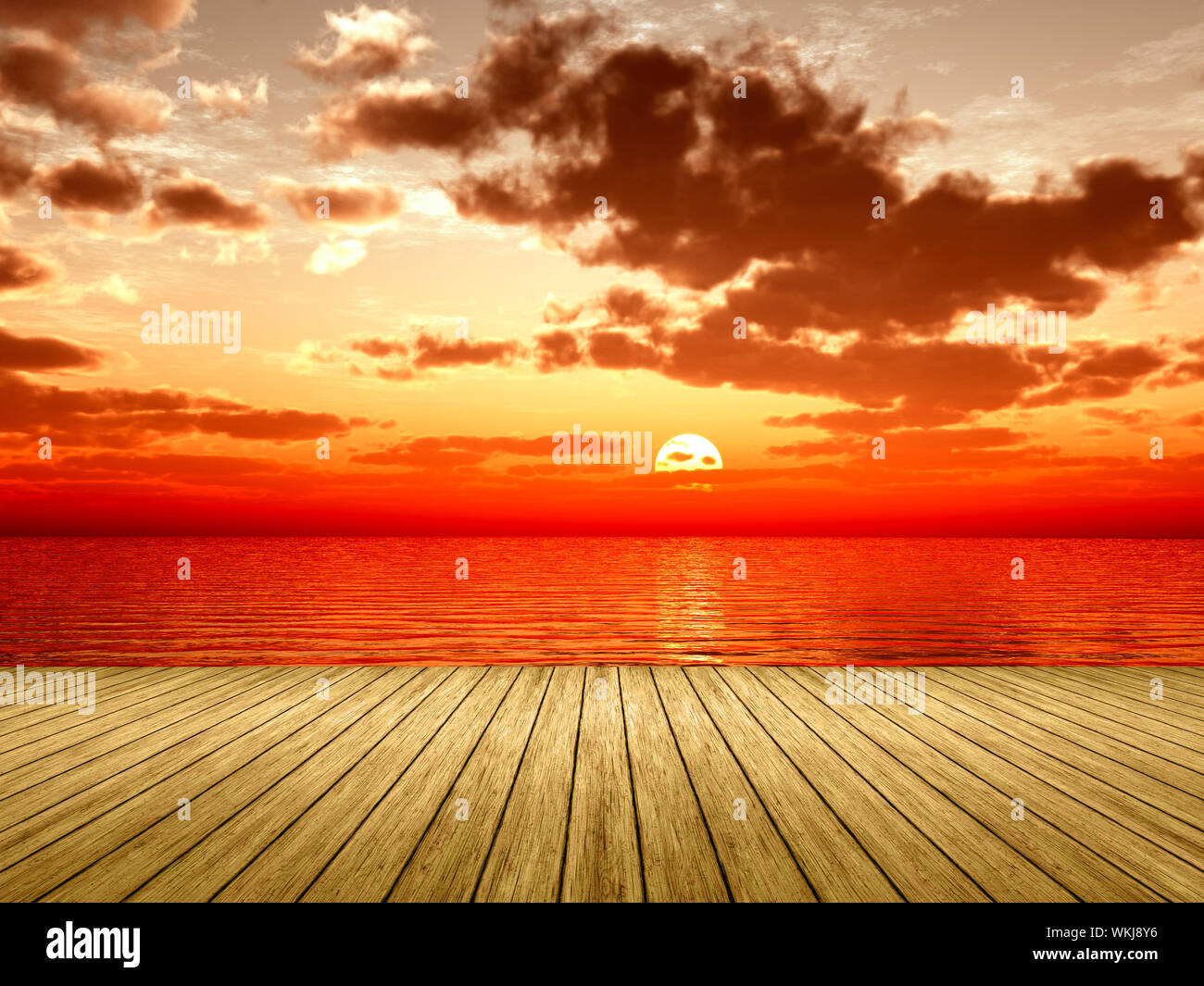 An illustration of a bright ocean sunset with a wooden jetty foreground ...