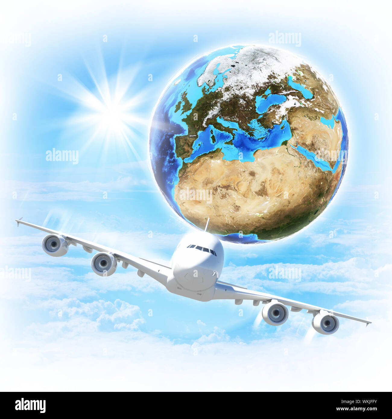 Earth with airplane against clouds and sun. Elements of this image are ...