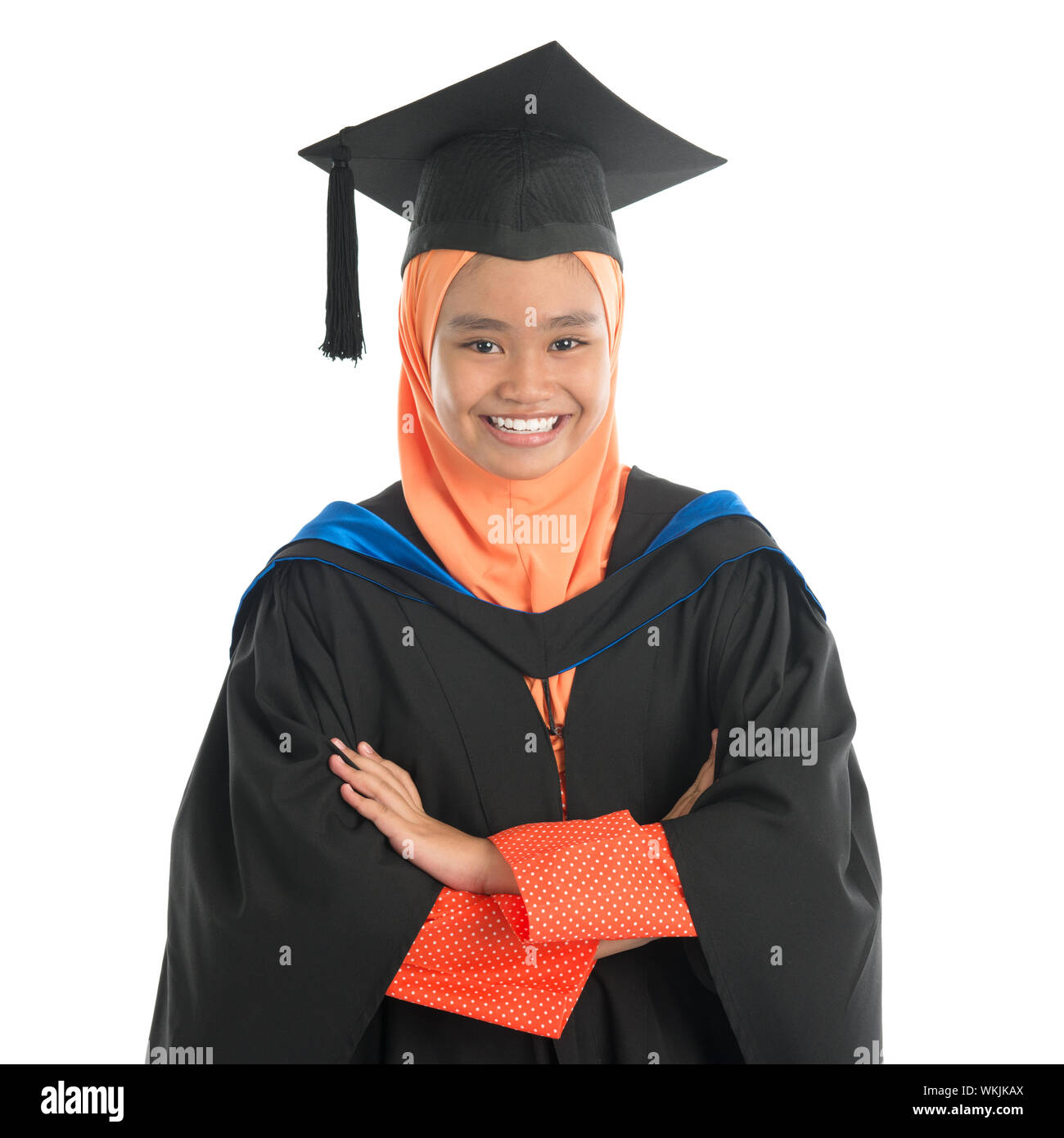 Portrait of smiling Asian female muslim student in graduate , isolated ...