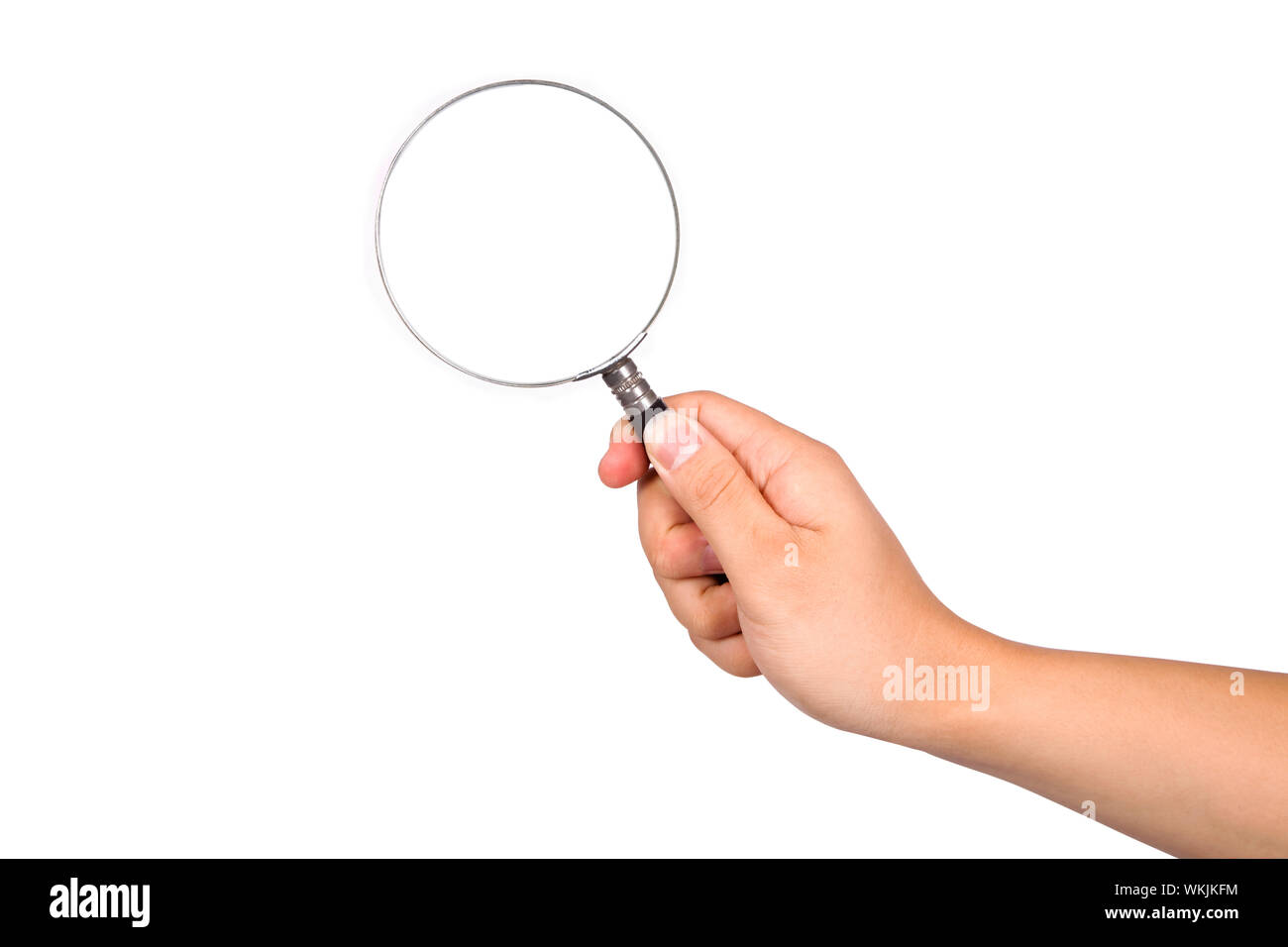 Hand-held magnifying glass in white background Stock Photo - Alamy