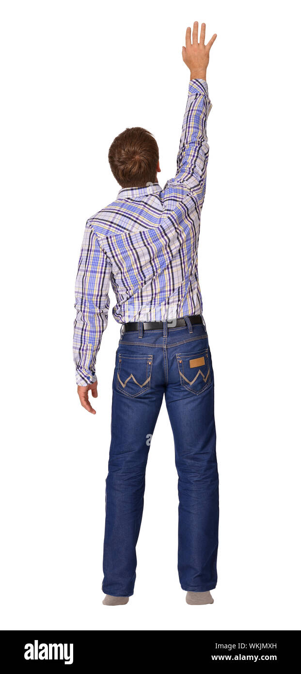 Portrait of a young man raised his hand up. Back view. White background ...