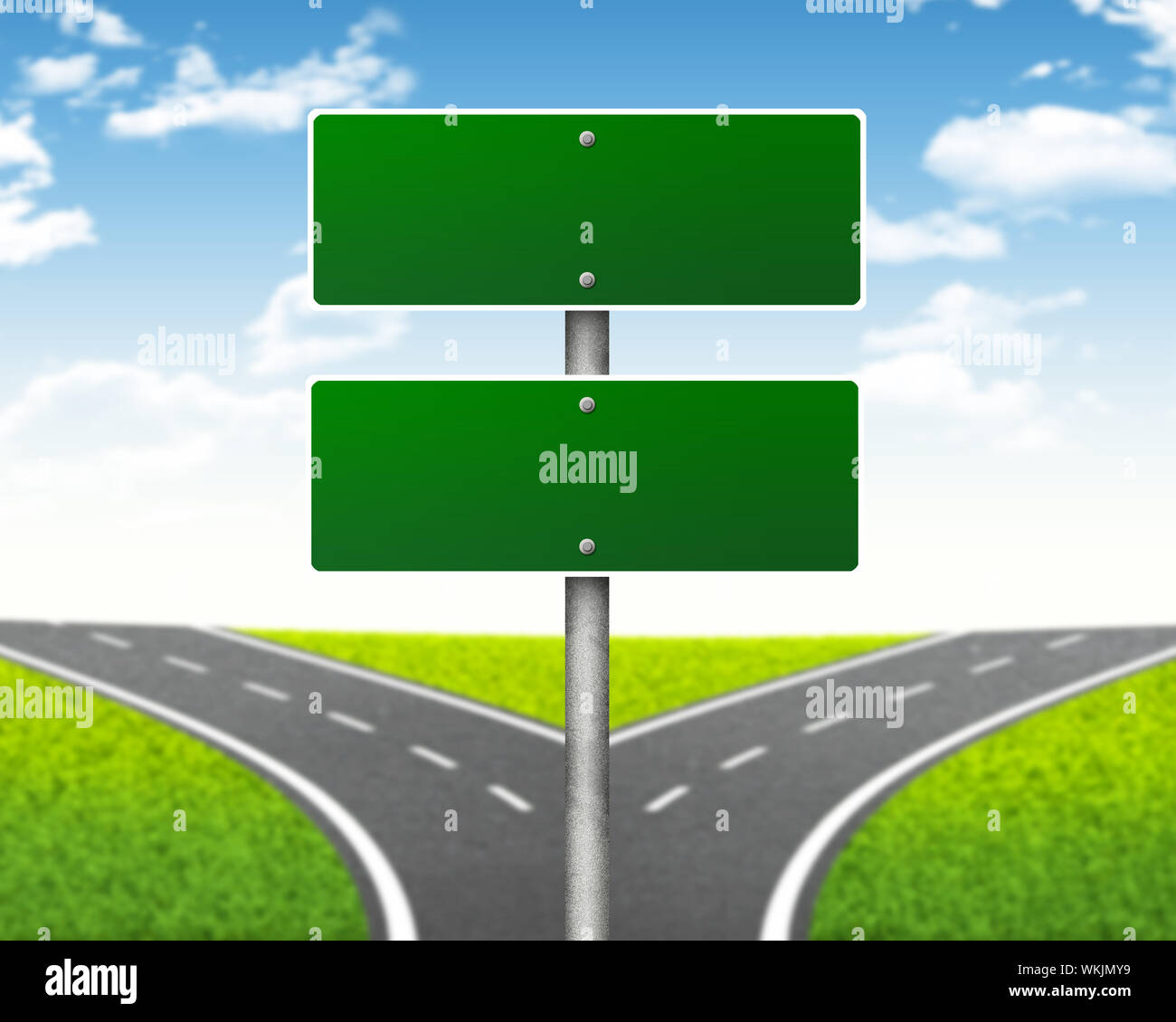 Crossroads road sign. Green grass, fork in the way and sky as backdrop ...