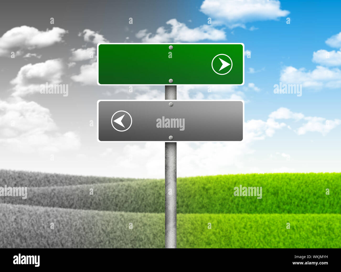 Crossroads road sign. Colored and gray nature landscape as backdrop ...